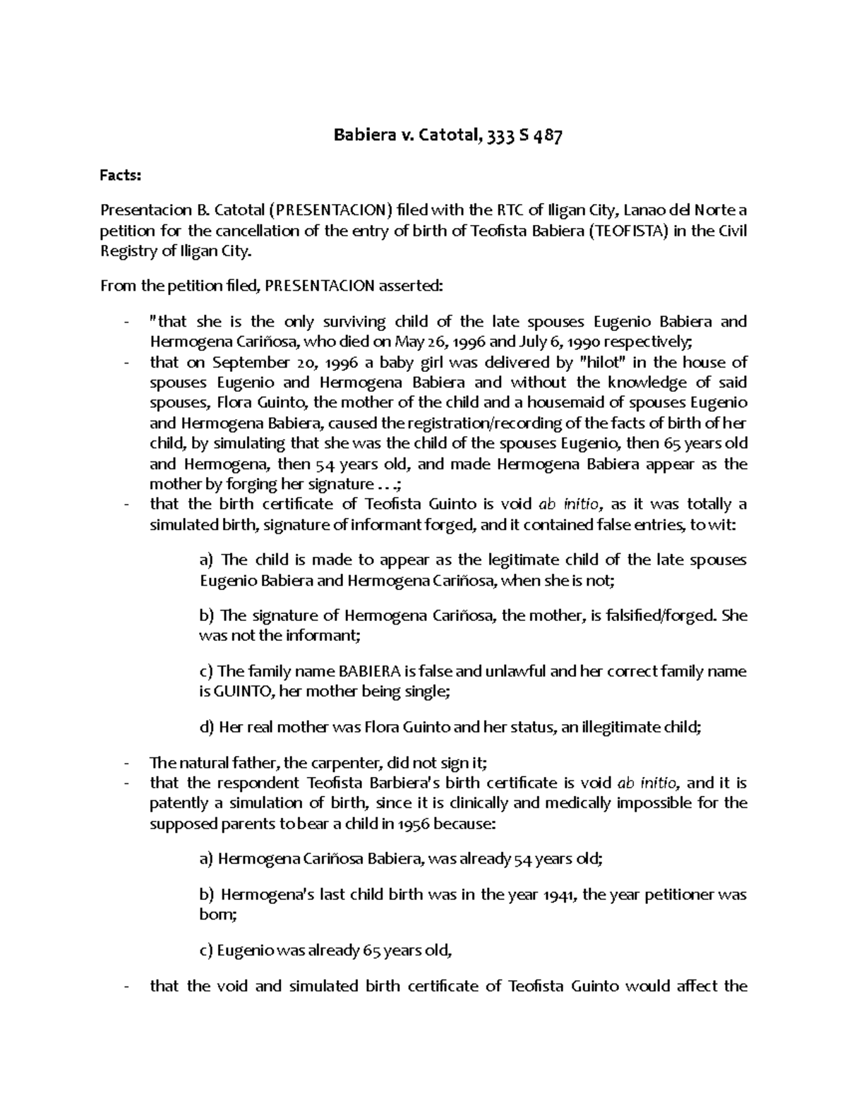 Babiera v. Catotal, 333 S 487 - Babiera v. Catotal, 333 S 487 Facts ...