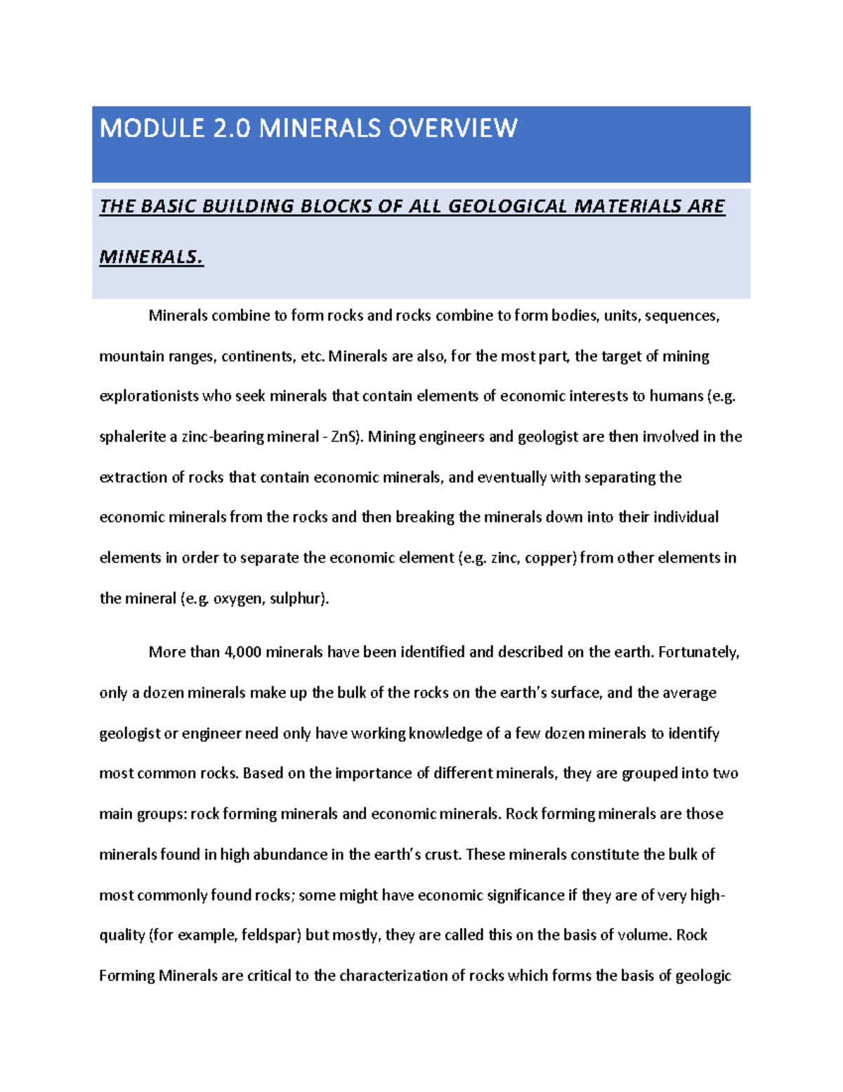 Module 2 - Minerals - MODULE 2 MINERALS OVERVIEW THE BASIC BUILDING ...