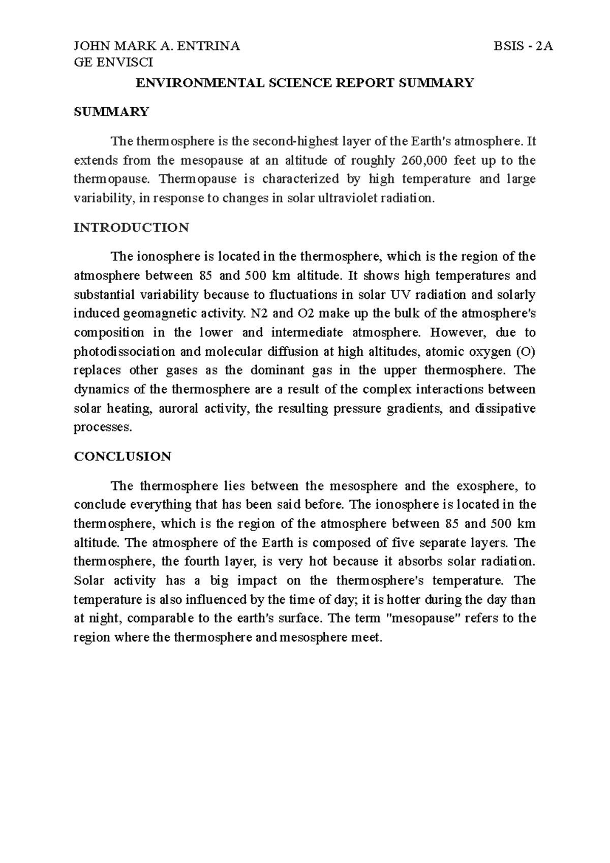 Environmental Science Report Summary - JOHN MARK A. ENTRINA BSIS - 2A ...