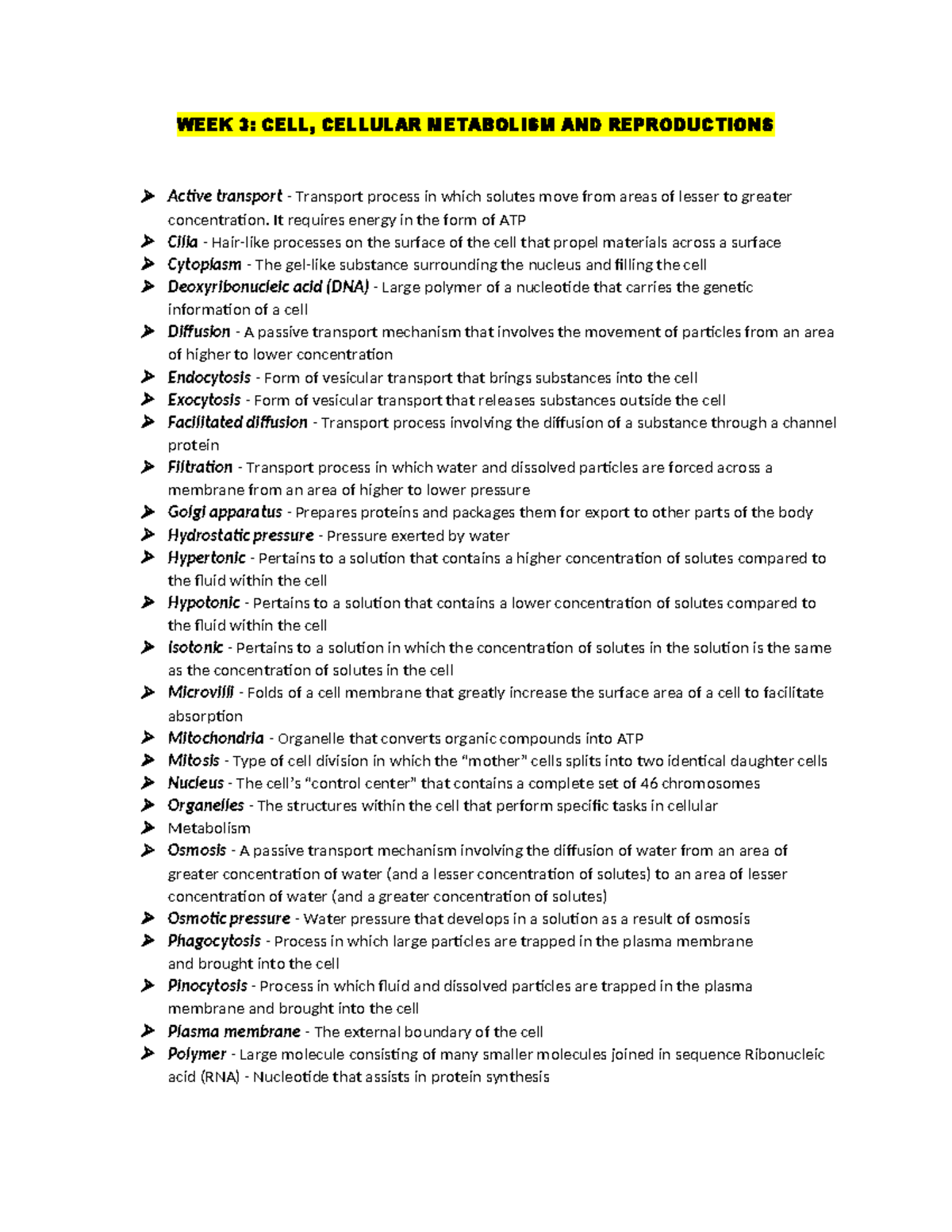 CELL- Terminology - chem - WEEK 3: CELL, CELLULAR METABOLISM AND ...