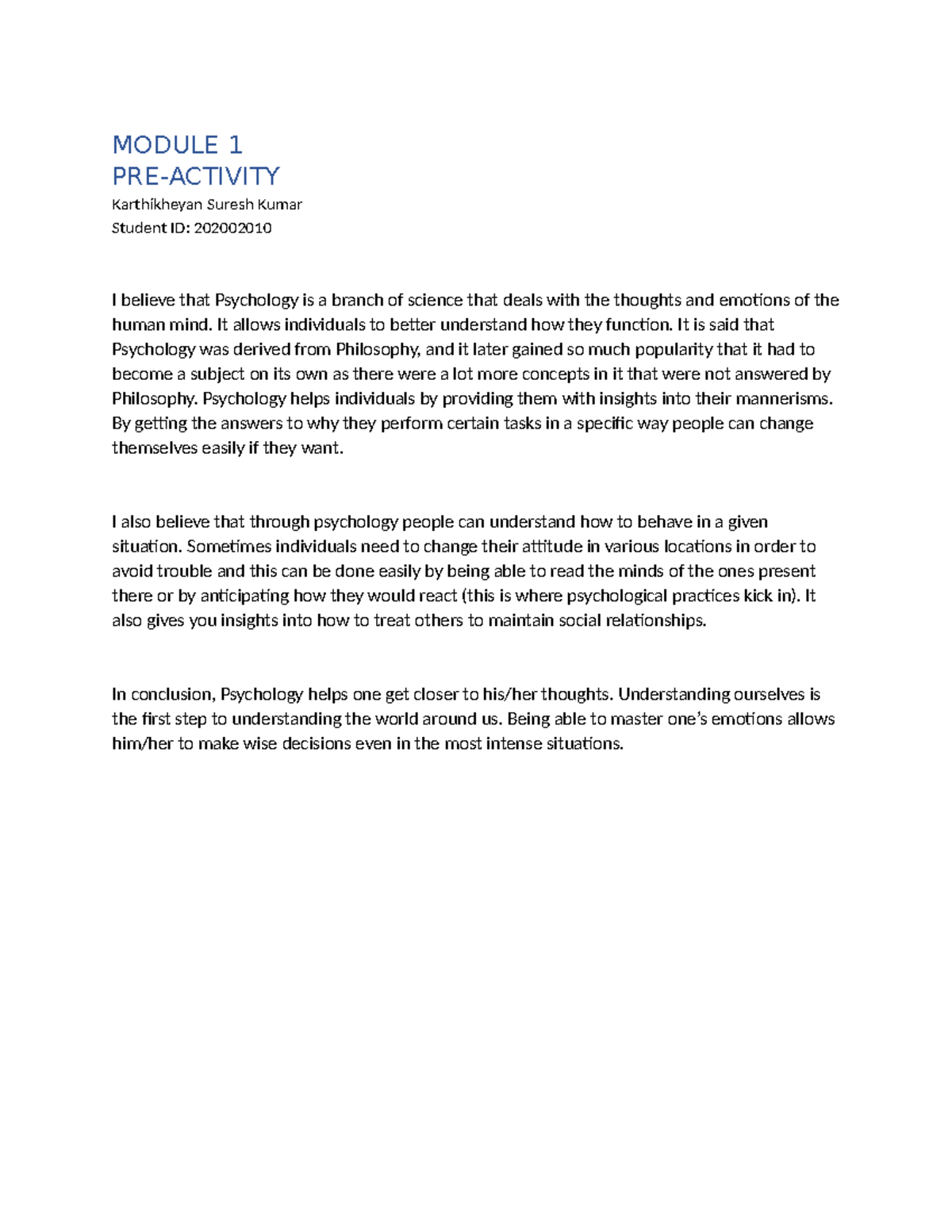 Module 1 Pre Activity - Summary Intro To Psychology - MODULE 1 PRE ...
