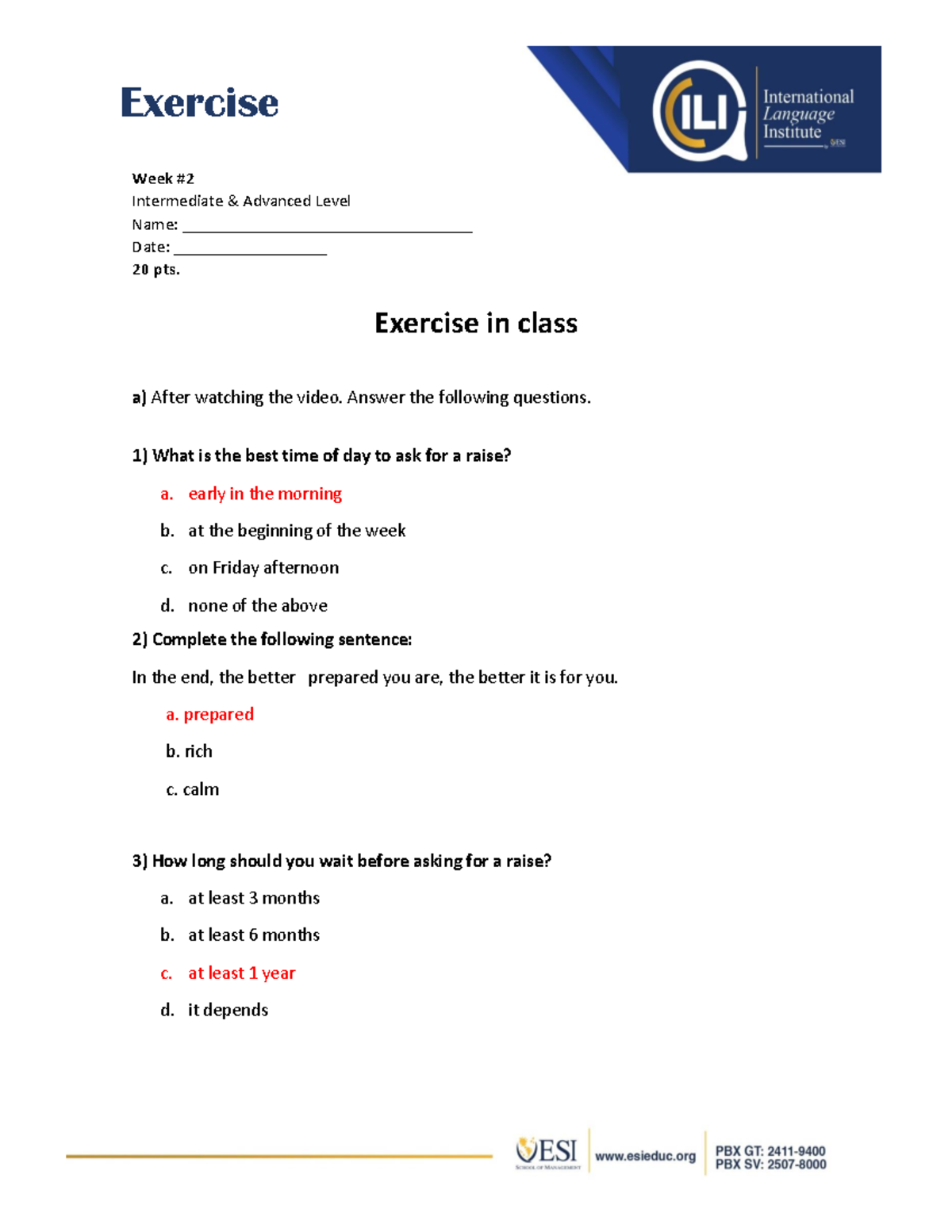 Week 2 Intermediate Advanced Level 2 - Exercise Week # Intermediate ...