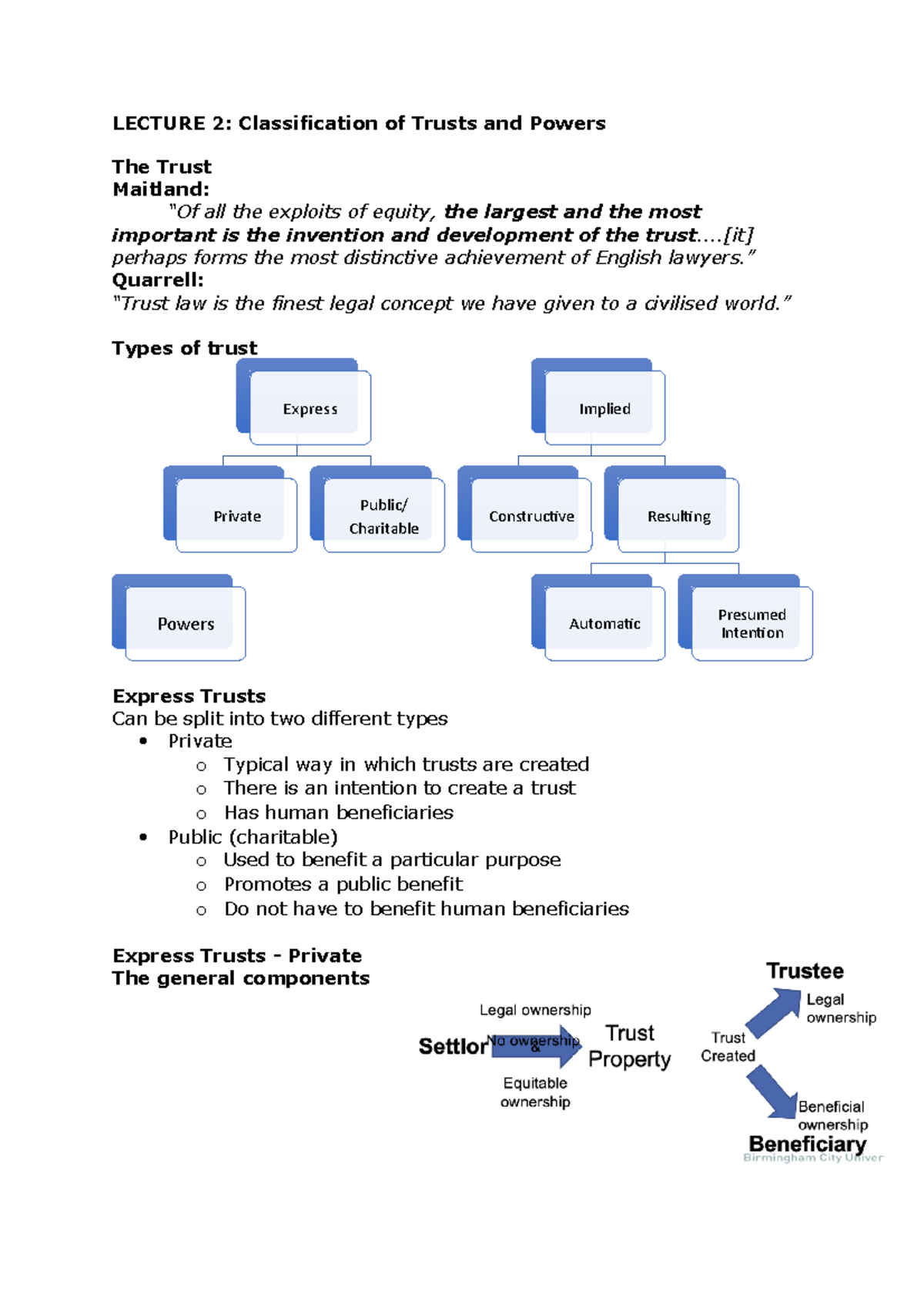Lecture 2 - LECTURE 2: Classification of Trusts and Powers The Trust Maitland: “Of all the ...