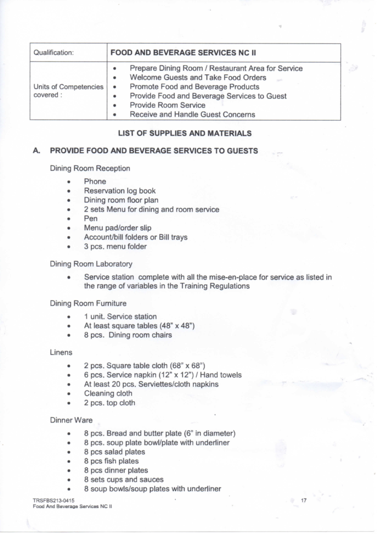 List of Supplies and materials-FBS NC II - biology - Studocu
