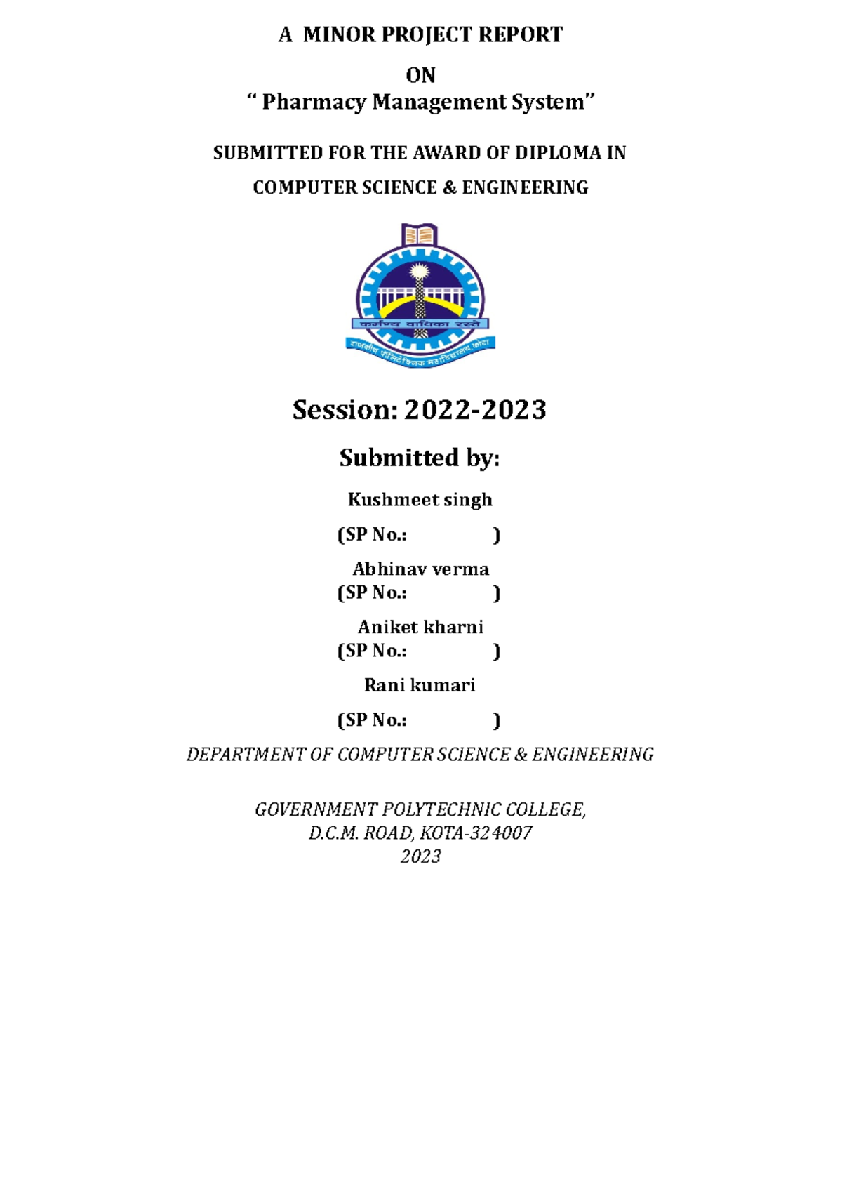 A Minor Project Report - Nothing - A MINOR PROJECT REPORT ON “ Pharmacy ...