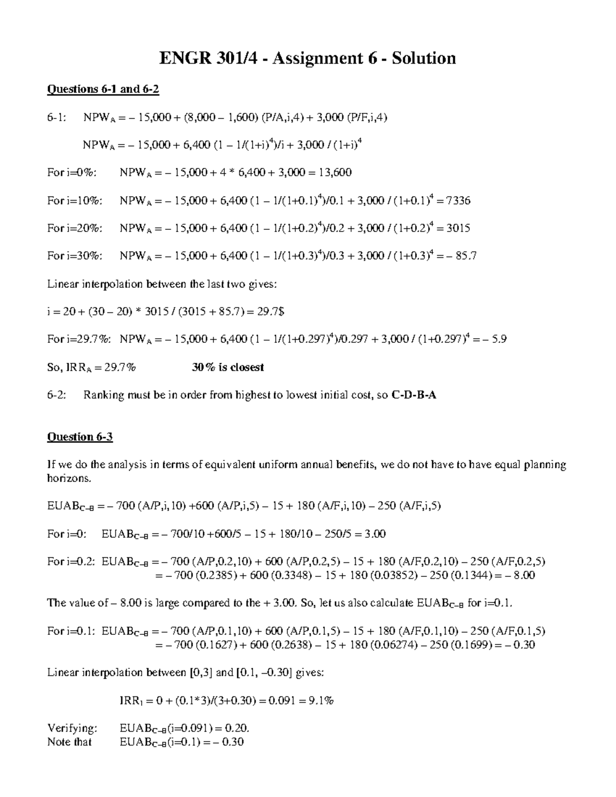 Assignment 6.1 Solution - ENGR 301/4 - Assignment 6 - Solution Questions 6-1 and 6- 6-1: NPWA ...