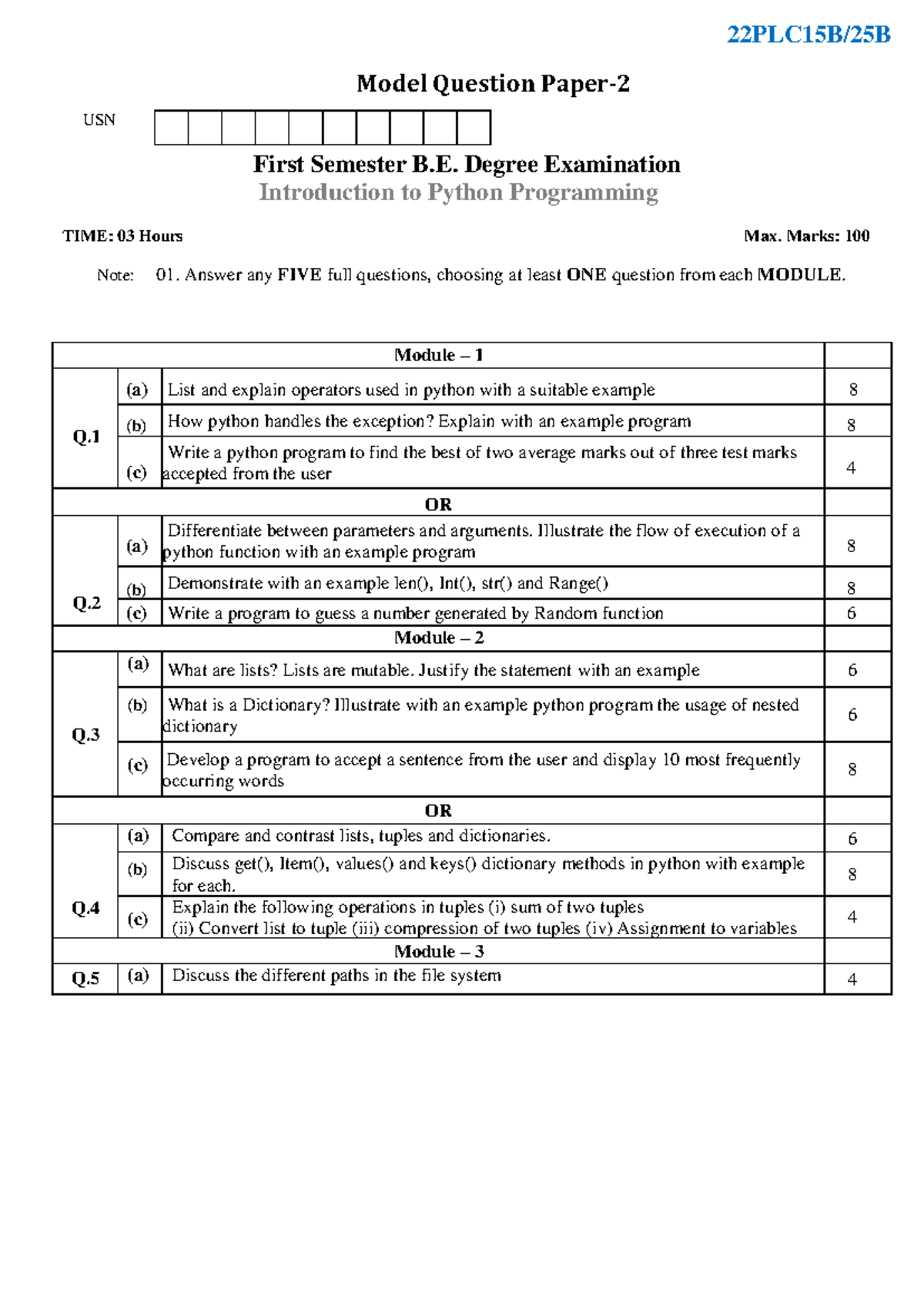 Python 2 - Good - 22PLC15B/25B Model Question Paper- 2 USN First Semester B. Degree Examination ...