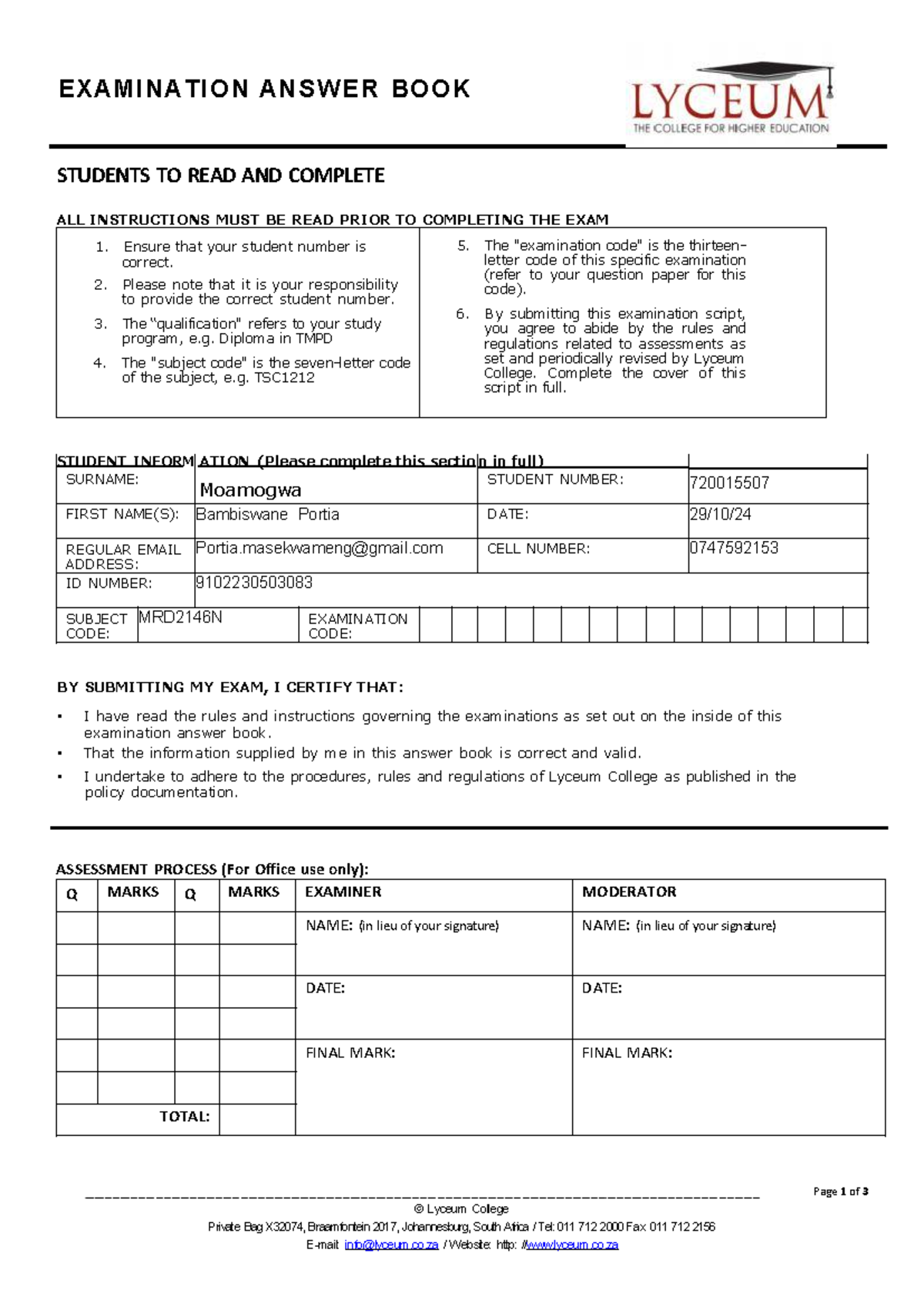 Examination Answer Book. MRD 21N EXAM.docx 2 - EXAMINATION ANSWER BOOK ...