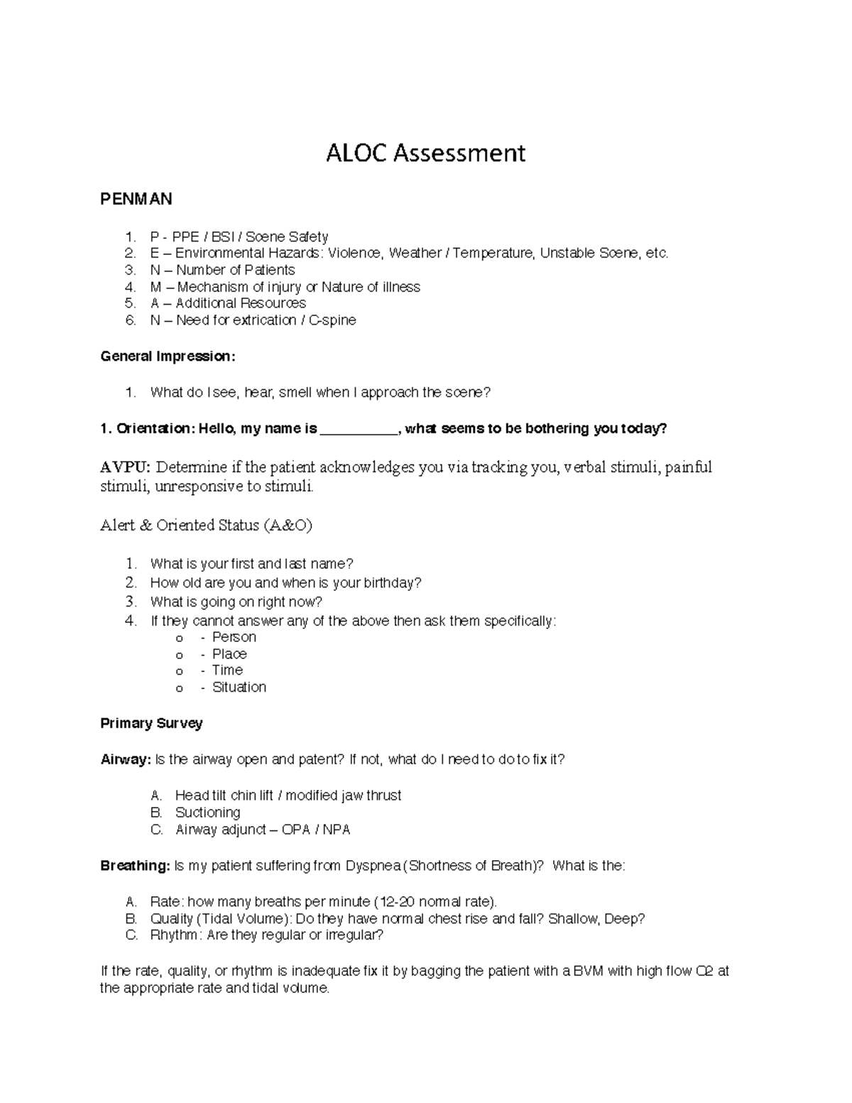 ALOC Assessment EMT questions to ask patient - ALOC Assessment PENMAN P ...