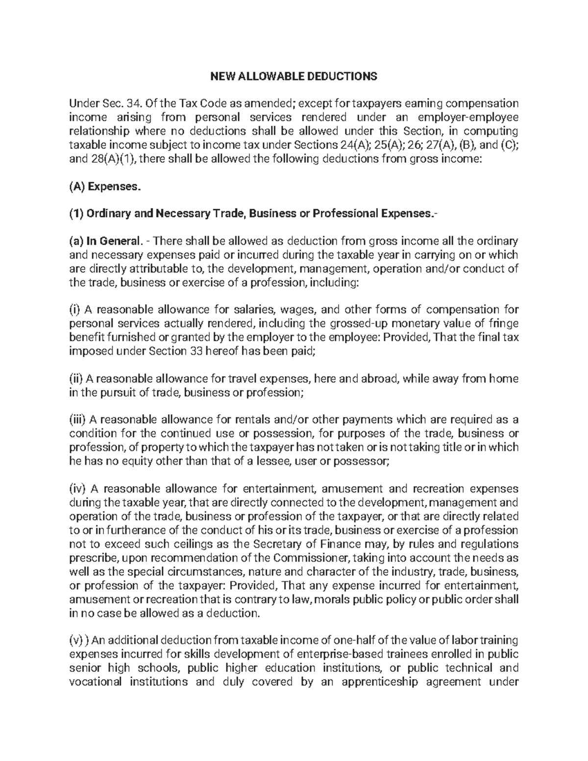 New Allowable Deductions - NEW ALLOWABLE DEDUCTIONS Under Sec. 34. Of ...