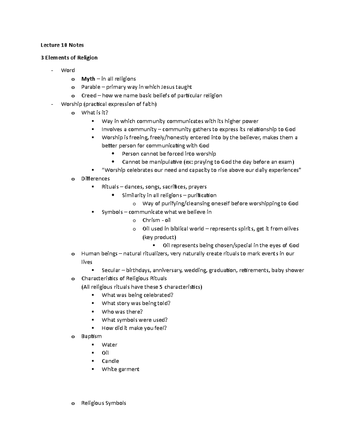 Lecture 10 Notes - Lecture 10 Notes 3 Elements of Religion - Word o ...