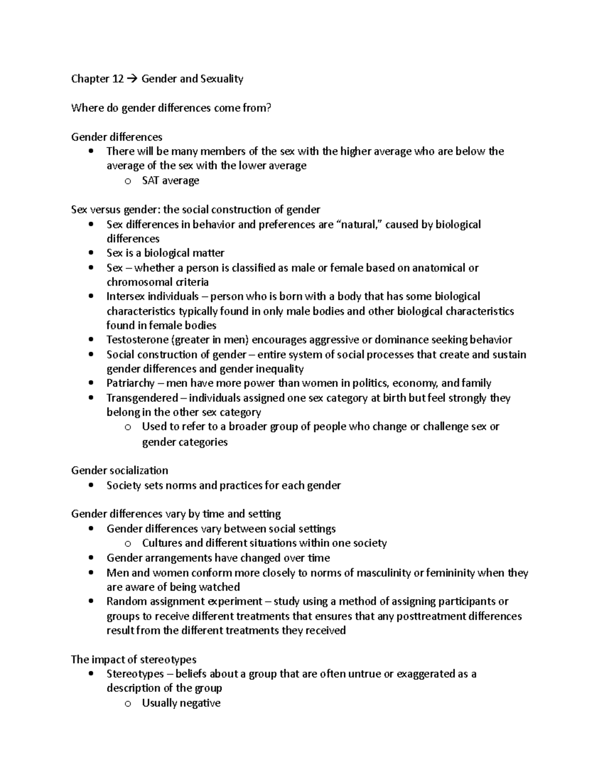 Sociology book notes - Chapter 12 Gender and Sexuality Where do gender ...