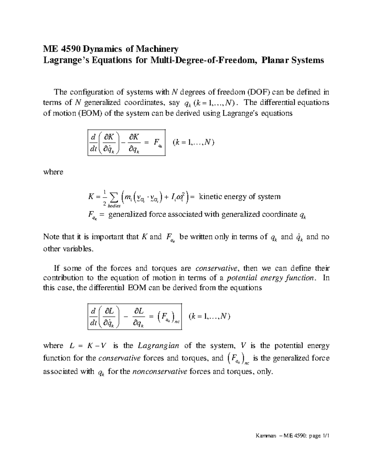 ME459Lagranges Equations NDOF - Kamman – ME 4590: page 1/ ME 4590 Dynamics of Machinery Lagrange ...