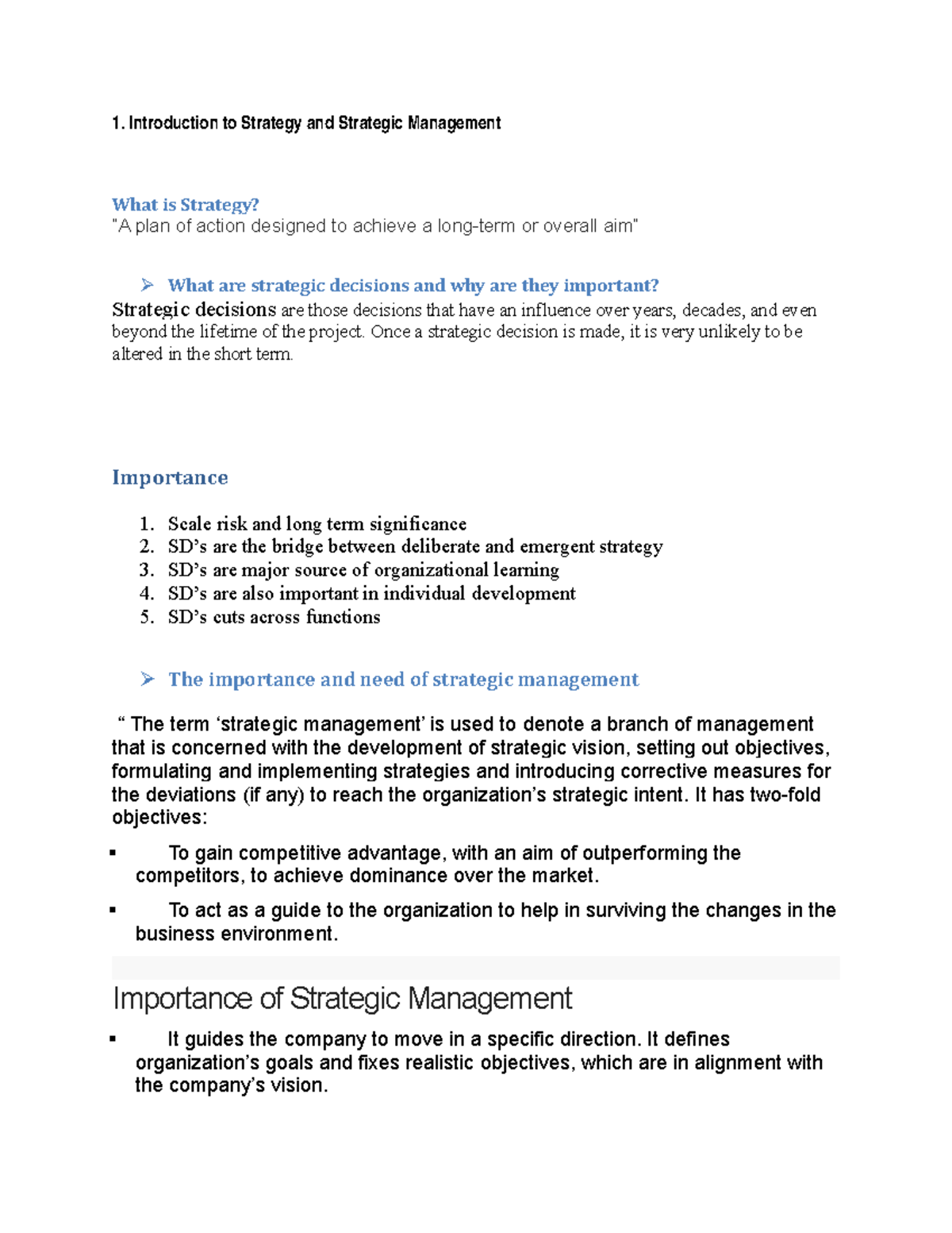 Strategic Management Notes - 1. Introduction to Strategy and Strategic ...