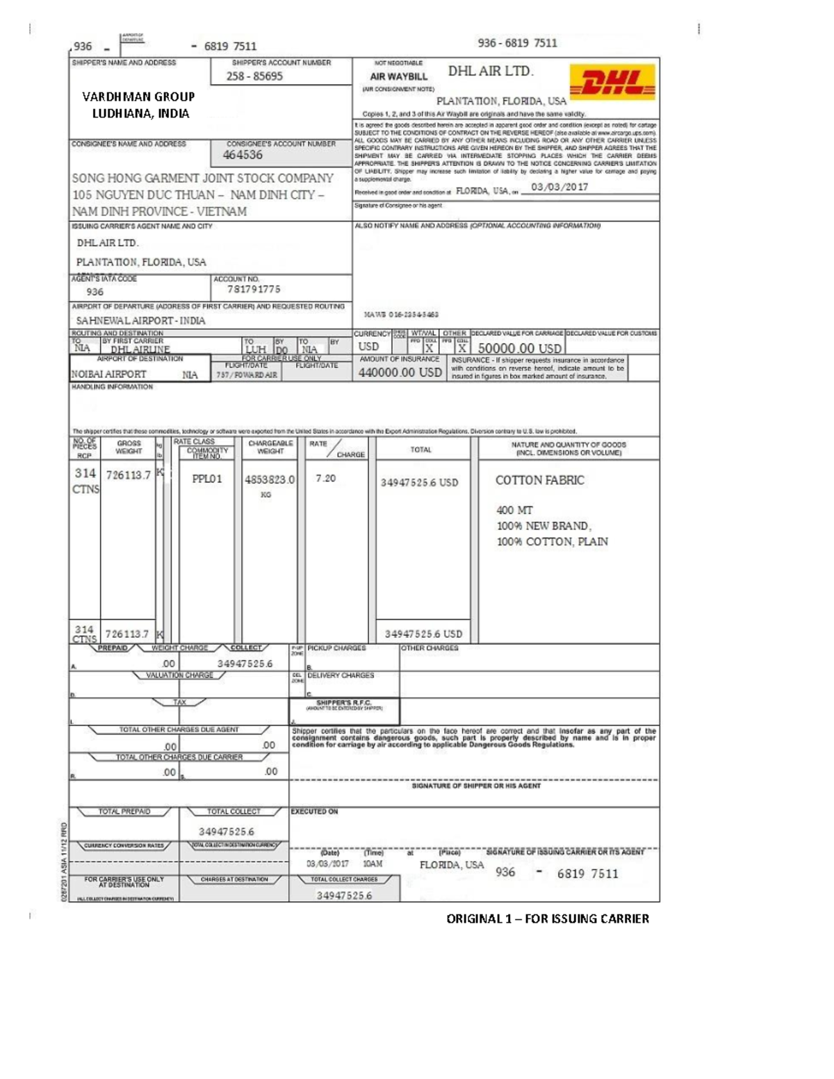 AWB#1 Example - ORIGINAL 1 – FOR ISSUING CARRIER VARDHMAN GROUP ...