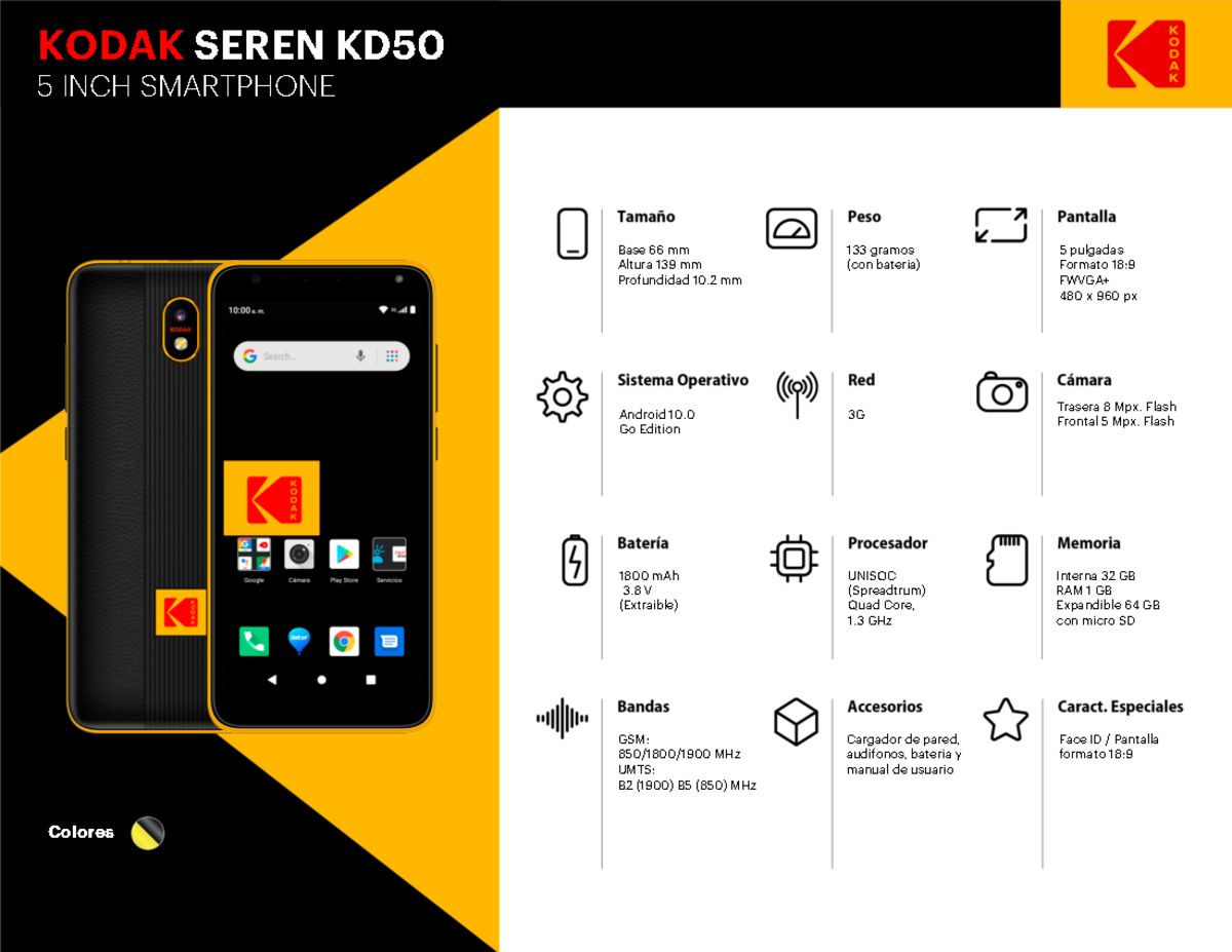 KD50 - Kd50 - KODAK SEREN KD 5 INCH SMARTPHONE Base 66 mm Altura 139 mm Profundidad 10 mm ...