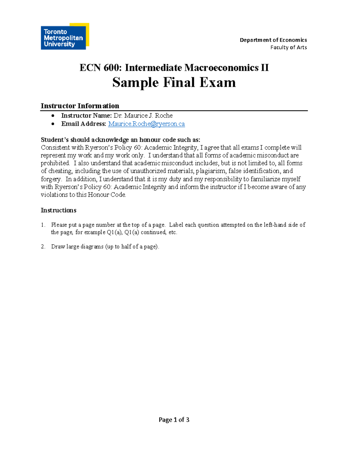 ECN600 - Roche - Sample Final Exam - Department of Economics Faculty of ...