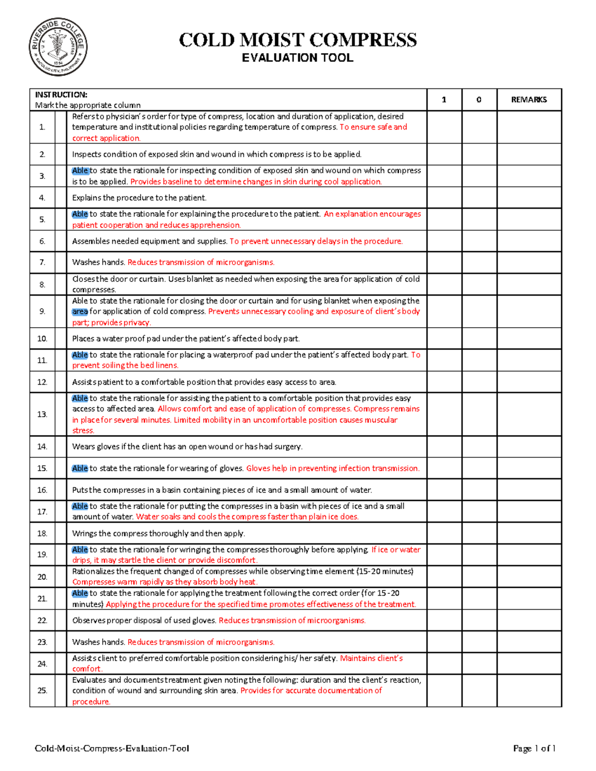 Cold Moist Compress Evaluation Tool Rationale - COLD MOIST COMPRESS ...