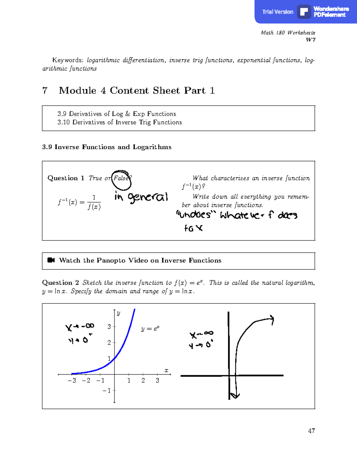 Math 180 Worksheets W7: Logarithmic and Exponential Functions Inverse ...