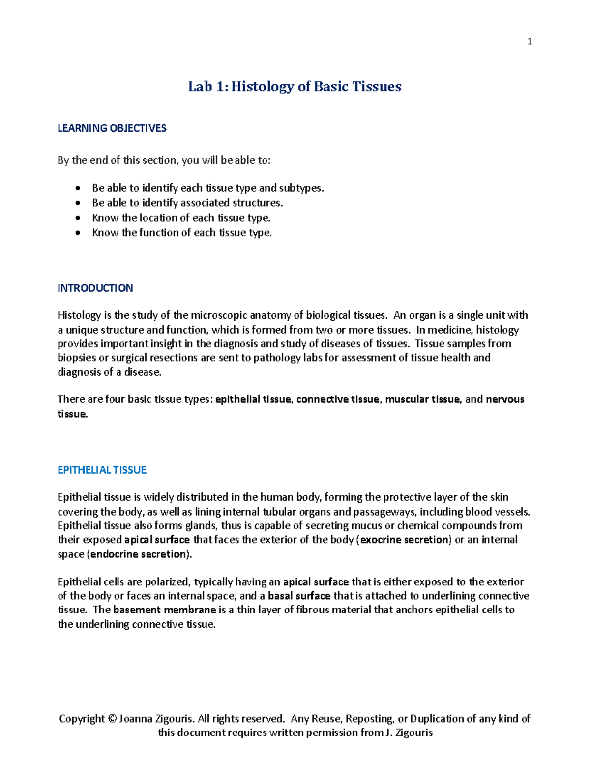 Lab 1 - Histology of Basic Tissues Study Guide - Copyright © Joanna ...