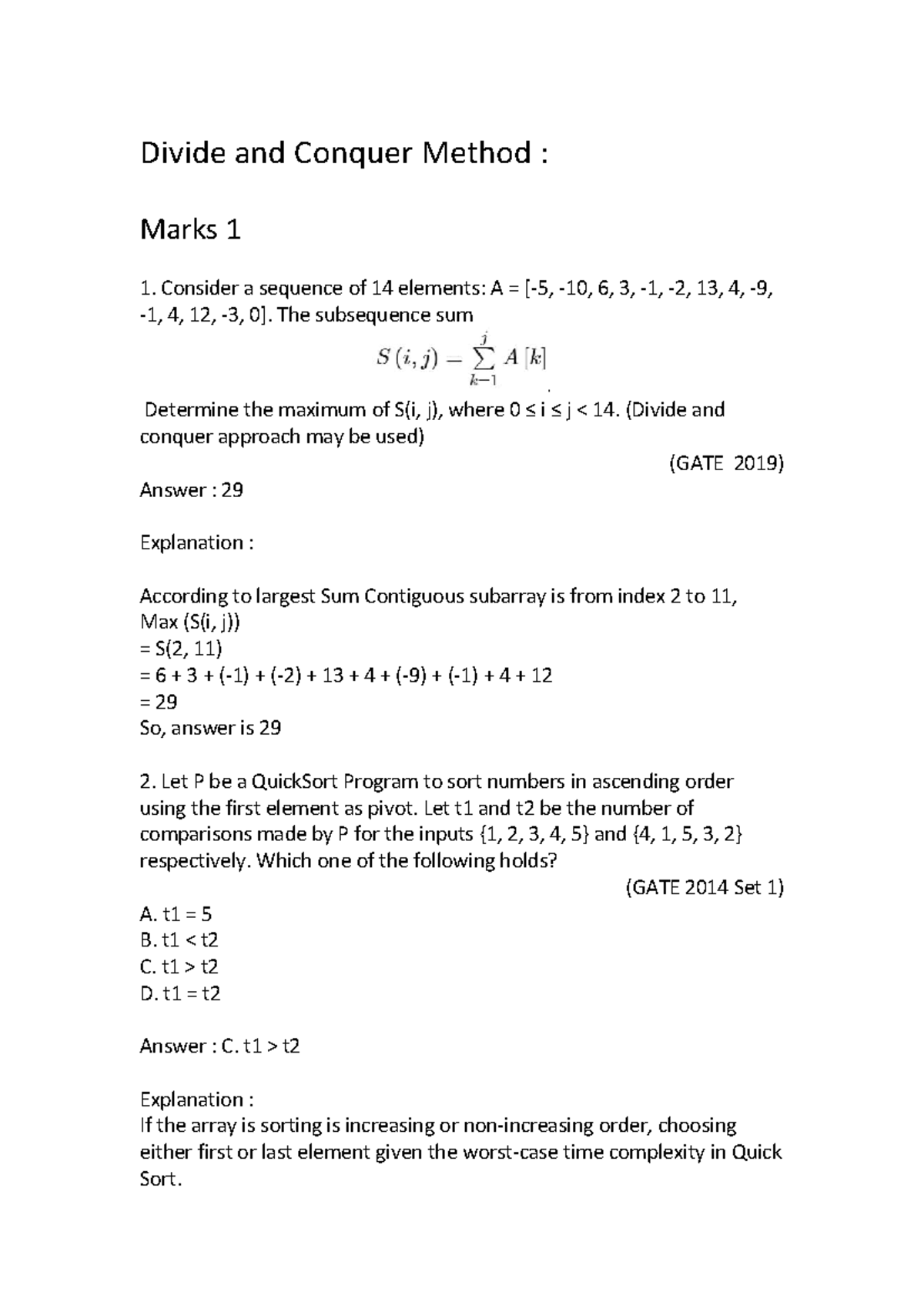 Divide and Conquer GATE PYQs Final - Divide and Conquer Method : Marks ...