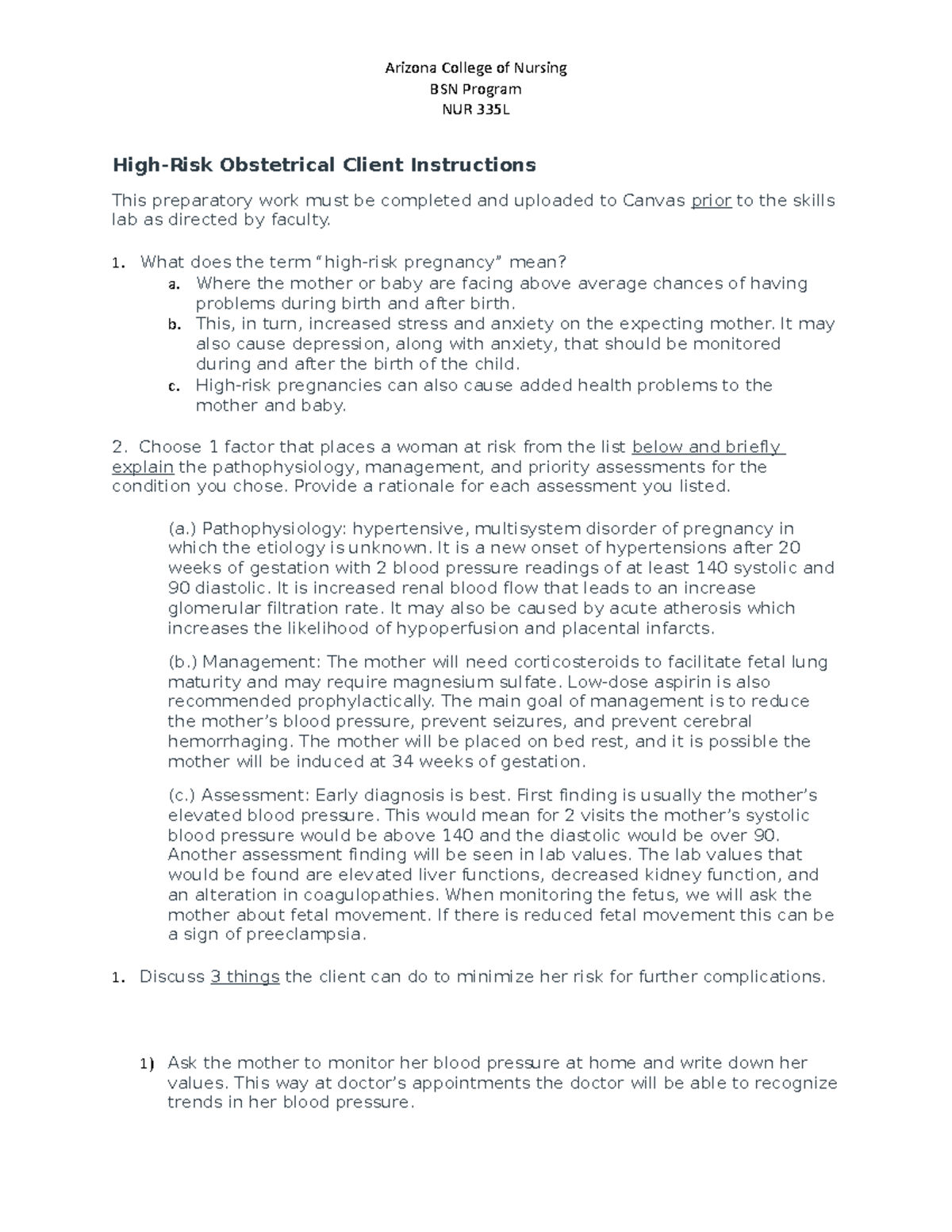 Preparatory Work High-Risk Client - Arizona College of Nursing BSN ...