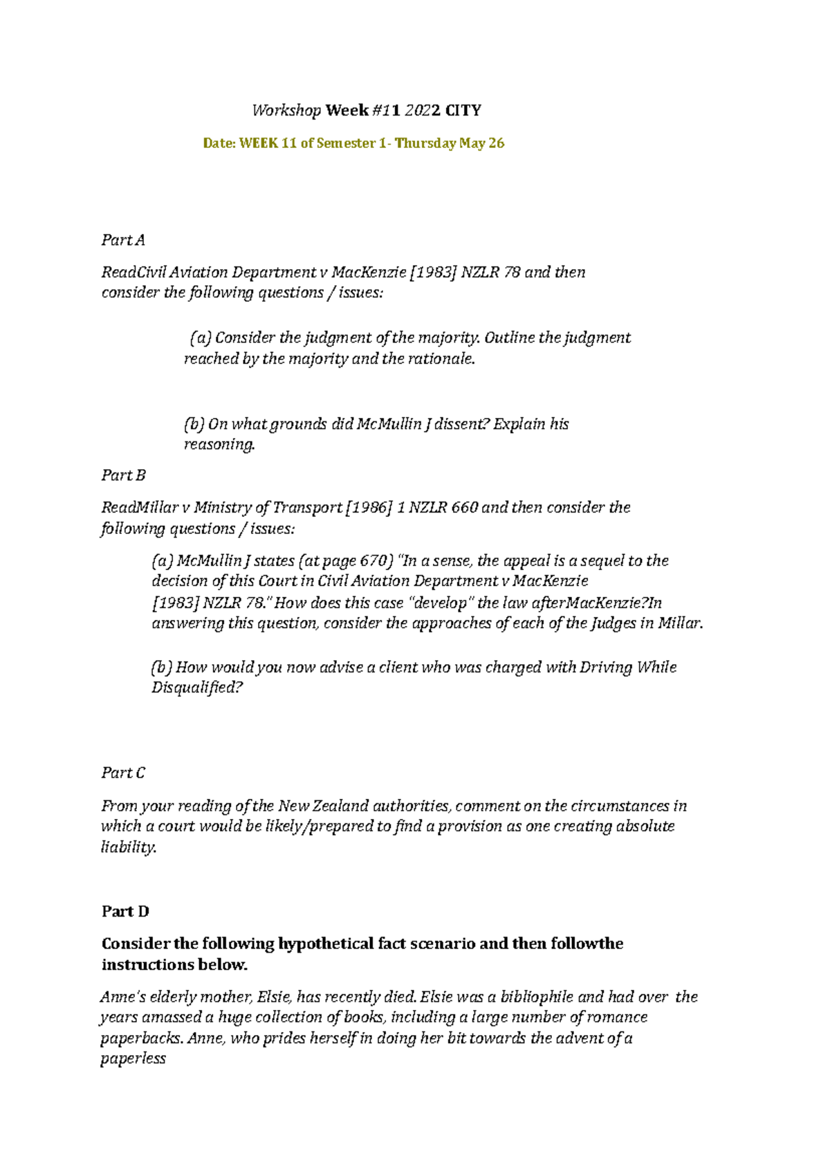 11 Criminal Law 2022 - Notes - Workshop Week #1 1 202 2 CITY Date: WEEK ...