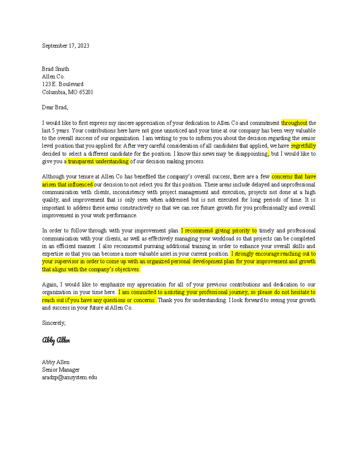 Bad Letter (revised) - September 17, 2023 Brad Smith Allen Co. 123 E ...