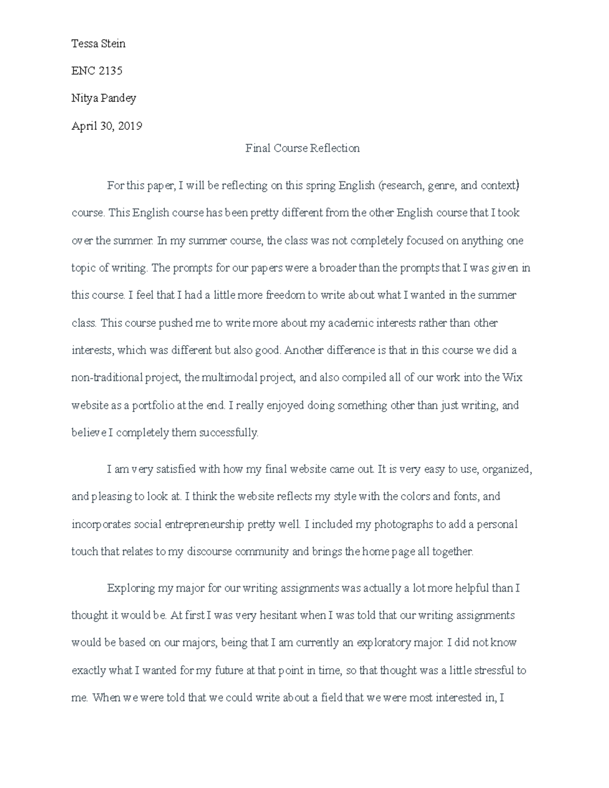 enc2135 Final Course Reflection - Tessa Stein ENC 2135 Nitya Pandey ...