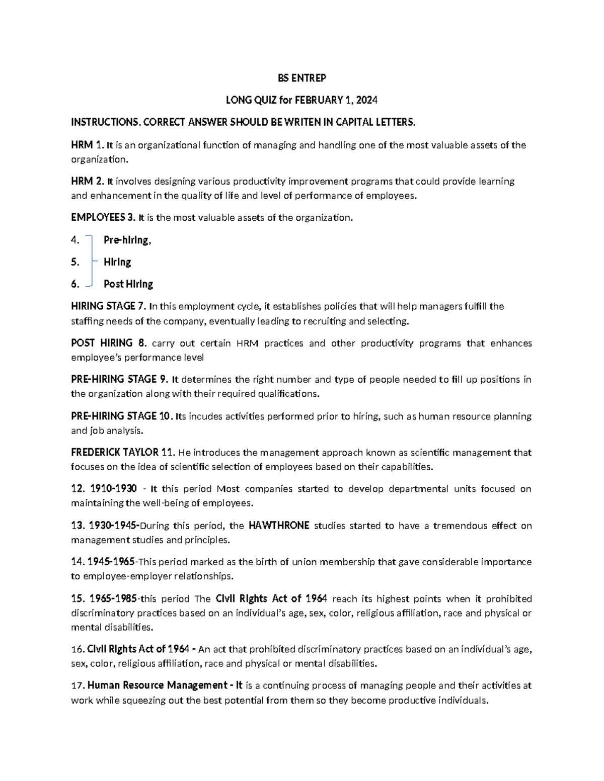 Human Resource Management - BS ENTREP LONG QUIZ for FEBRUARY 1, 2024 ...