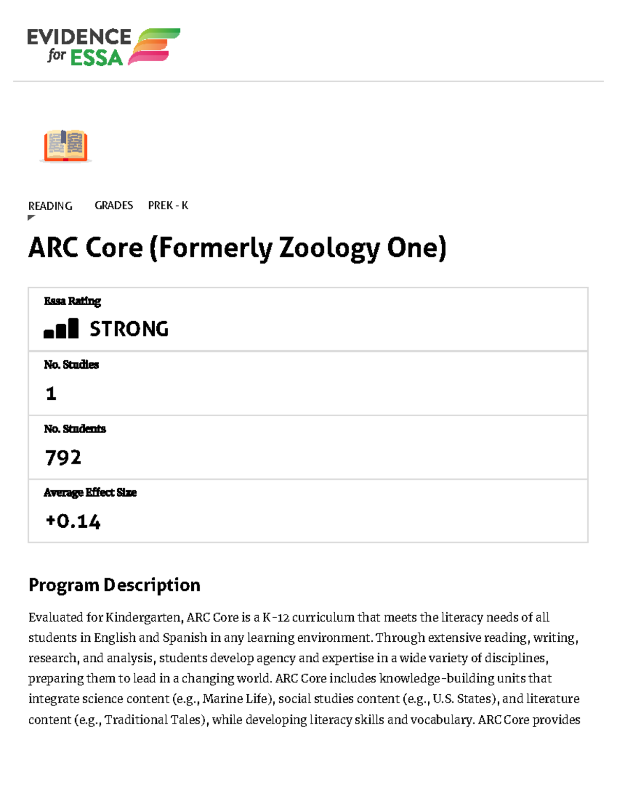 ARC Core (Formerly Zoology One) Evidence For ESSA - Essa Rating No ...