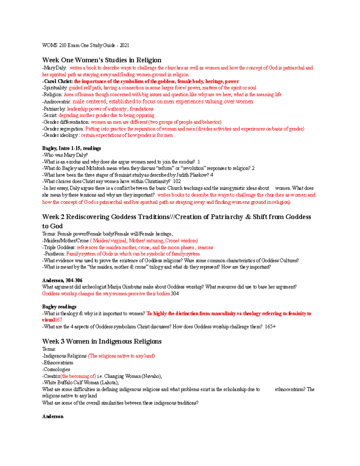 WOMS 210 Exam One Study Guide - 2021 - WOMS 210 Exam One Study Guide ...