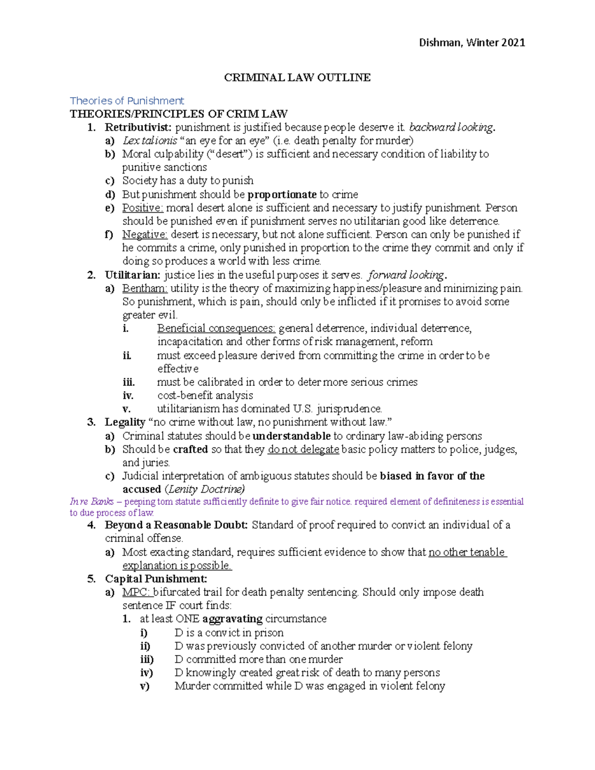 Criminal Law Outline - CRIMINAL LAW OUTLINE Theories of Punishment ...