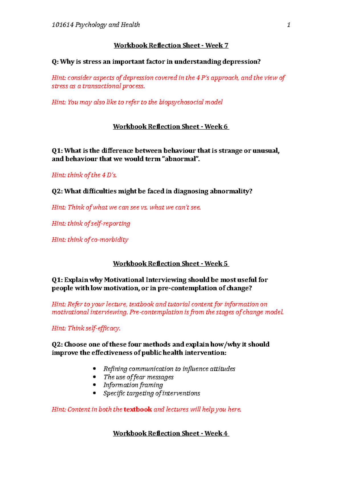 Workbook 1 Guide - 101614 Psychology and Health Workbook Reflection ...