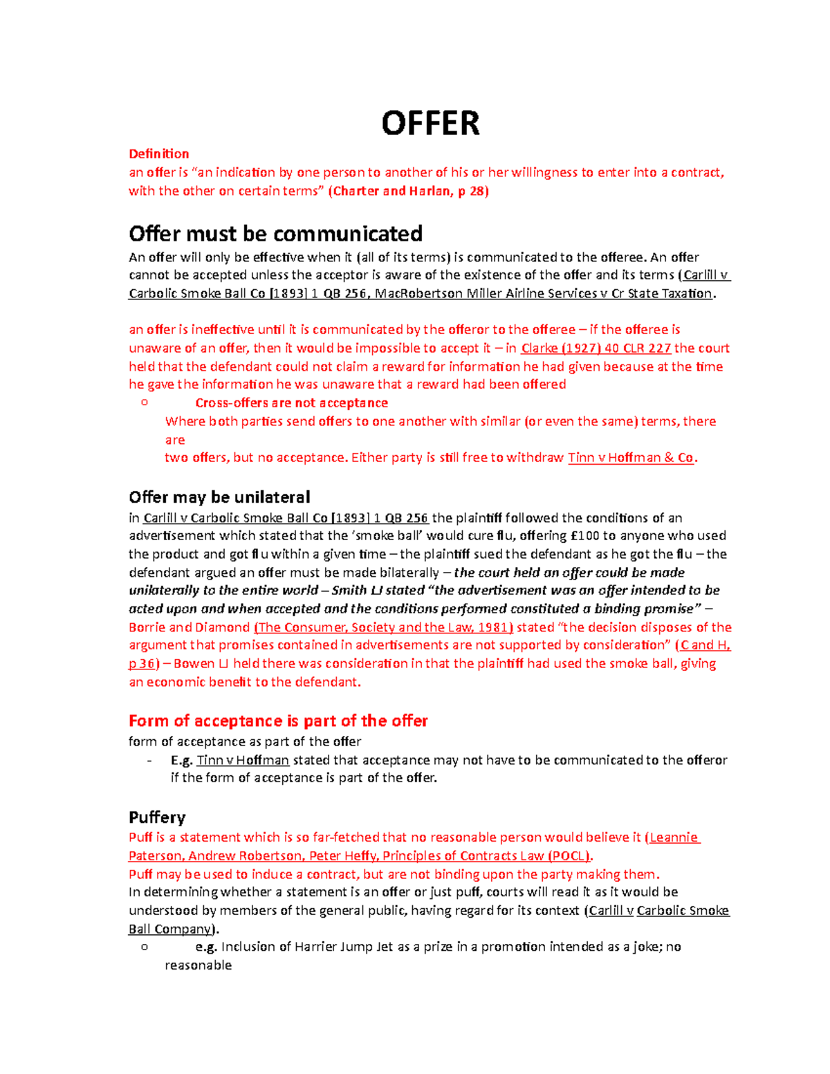 Contracts notes - OFFER Definition an offer is “an indication by one ...