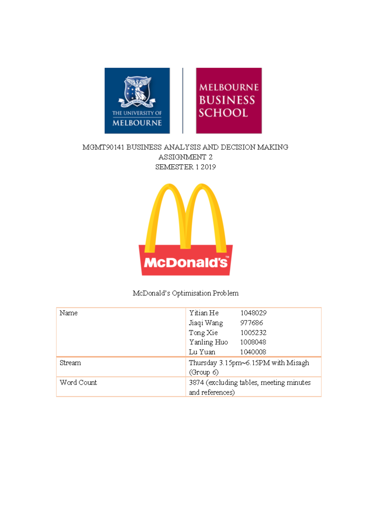 MGMT90141 Thurs 3 - 2019-S1 - MGMT90141 BUSINESS ANALYSIS AND DECISION MAKING ASSIGNMENT 2 ...