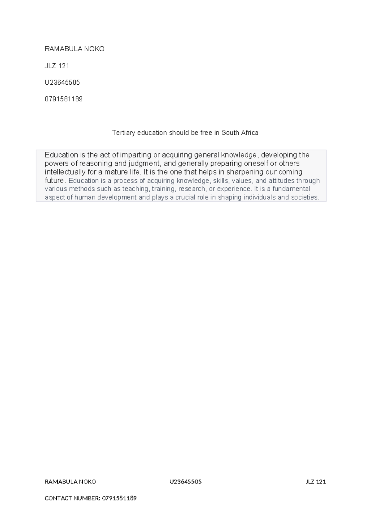 Argumentative Essay JLZ 121 - RAMABULA NOKO JLZ 121 U 0791581189 ...