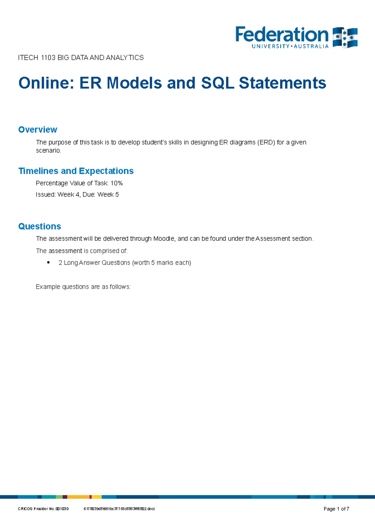 Itech1103 Mid Sem Assess Er Sql Guidance Online Er Models And Sql Statements Overview The