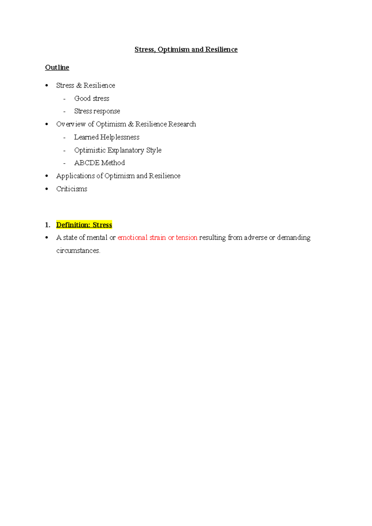 Lecture 8 Stress and Resilience - Stress, Optimism and Resilience ...