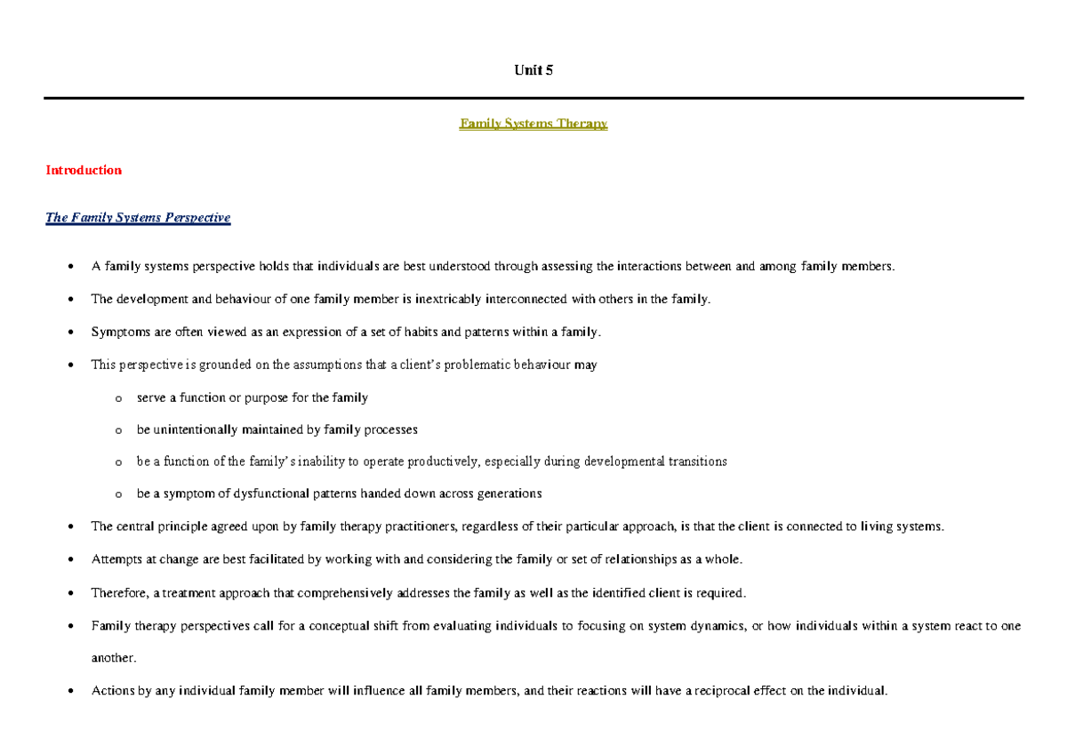 Cp unit 5 - notes - Unit 5 Family Systems Therapy Introduction The ...
