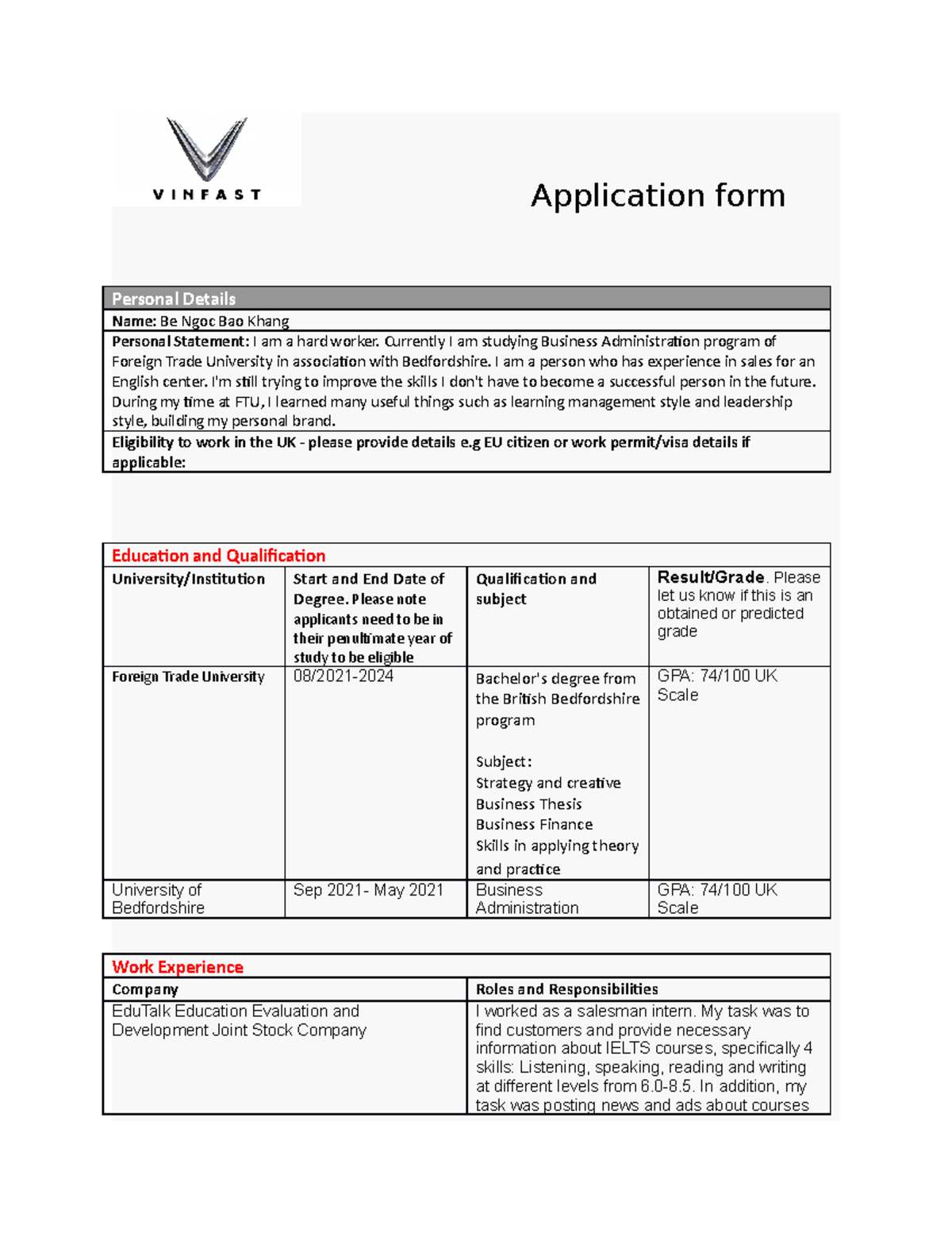 Application form - sad - Application form Personal Details Name: Be ...