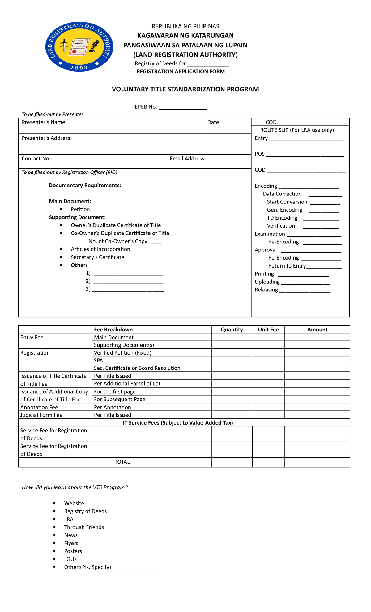 E-Title - Voluntary Title Standardization Program form (Registration ...