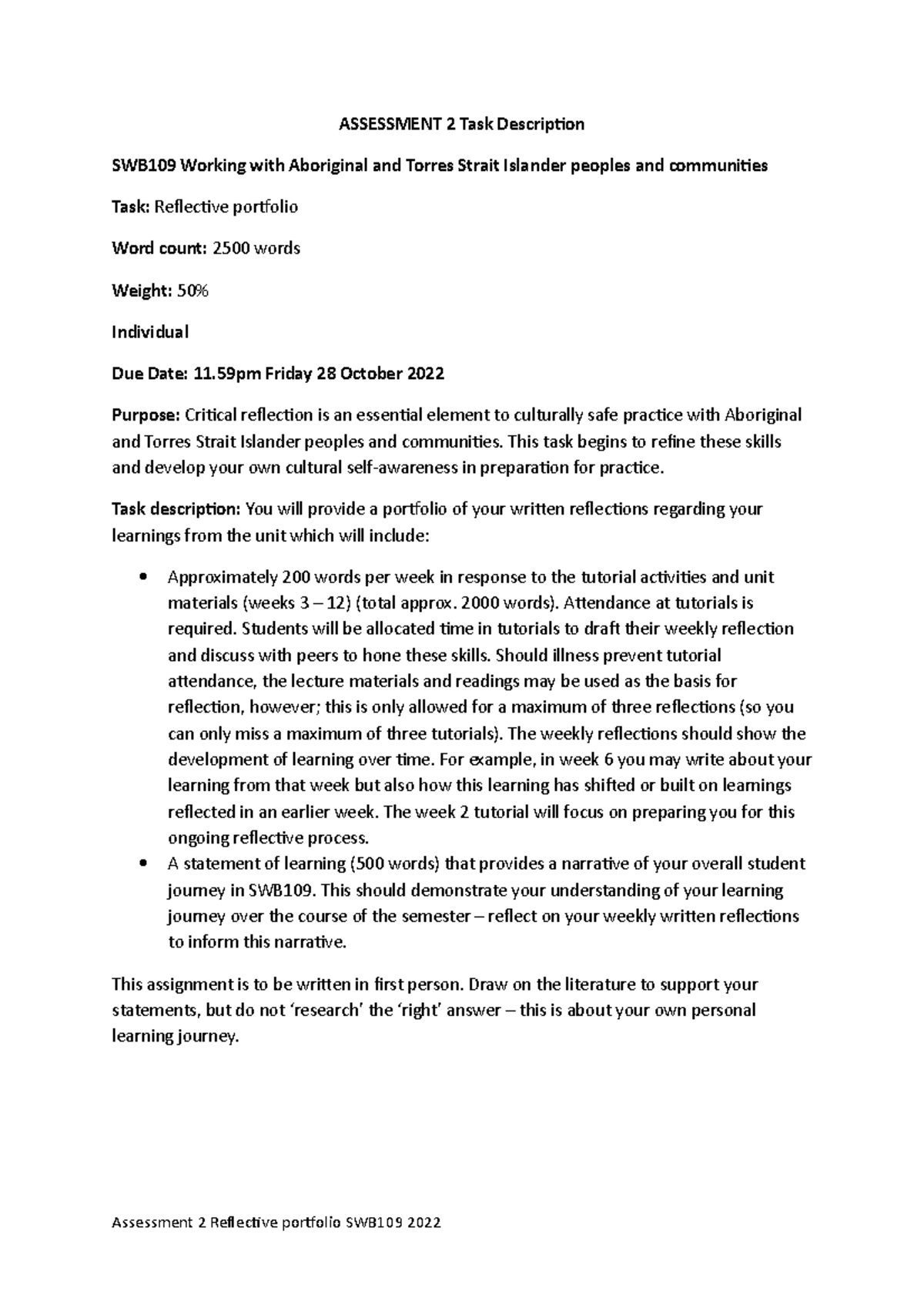 Assessment 2 task sheet - ASSESSMENT 2 Task Description SWB109 Working ...