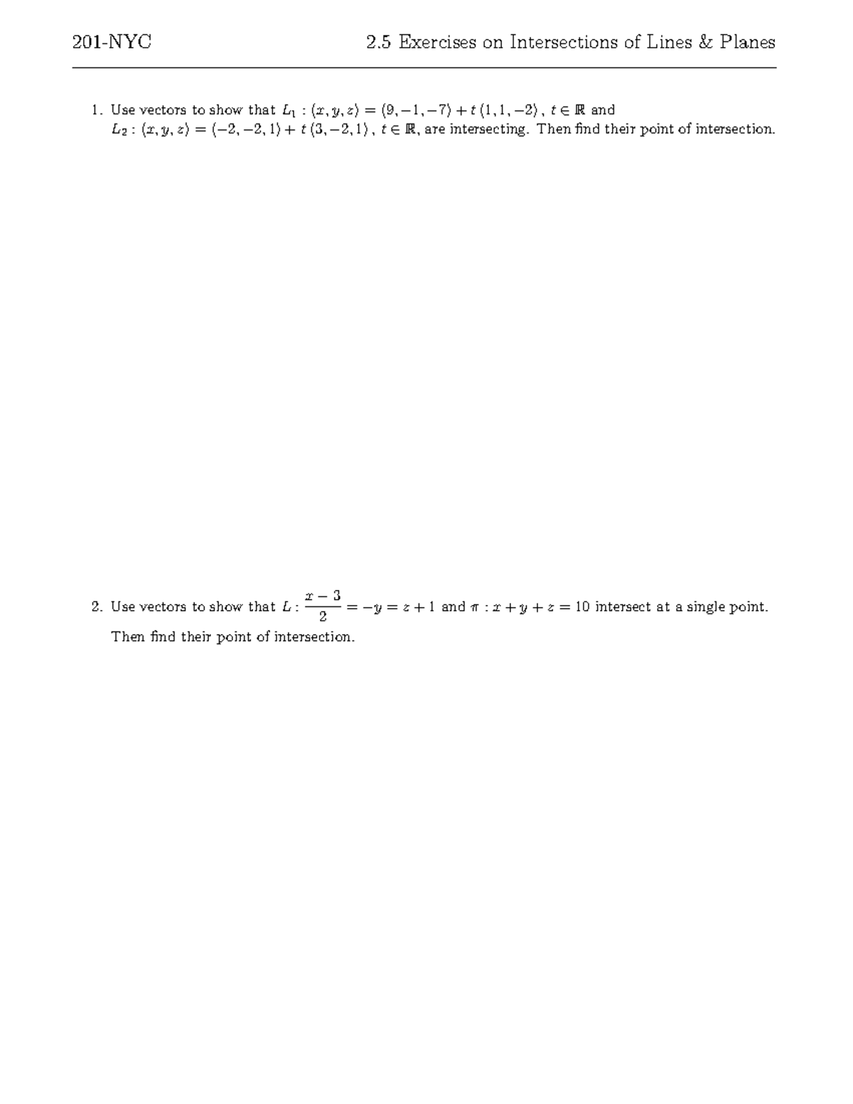 Worksheet 2 - Exercices on Intersections - 201-NYC 2 Exercises on Intersections of Lines & - Studocu