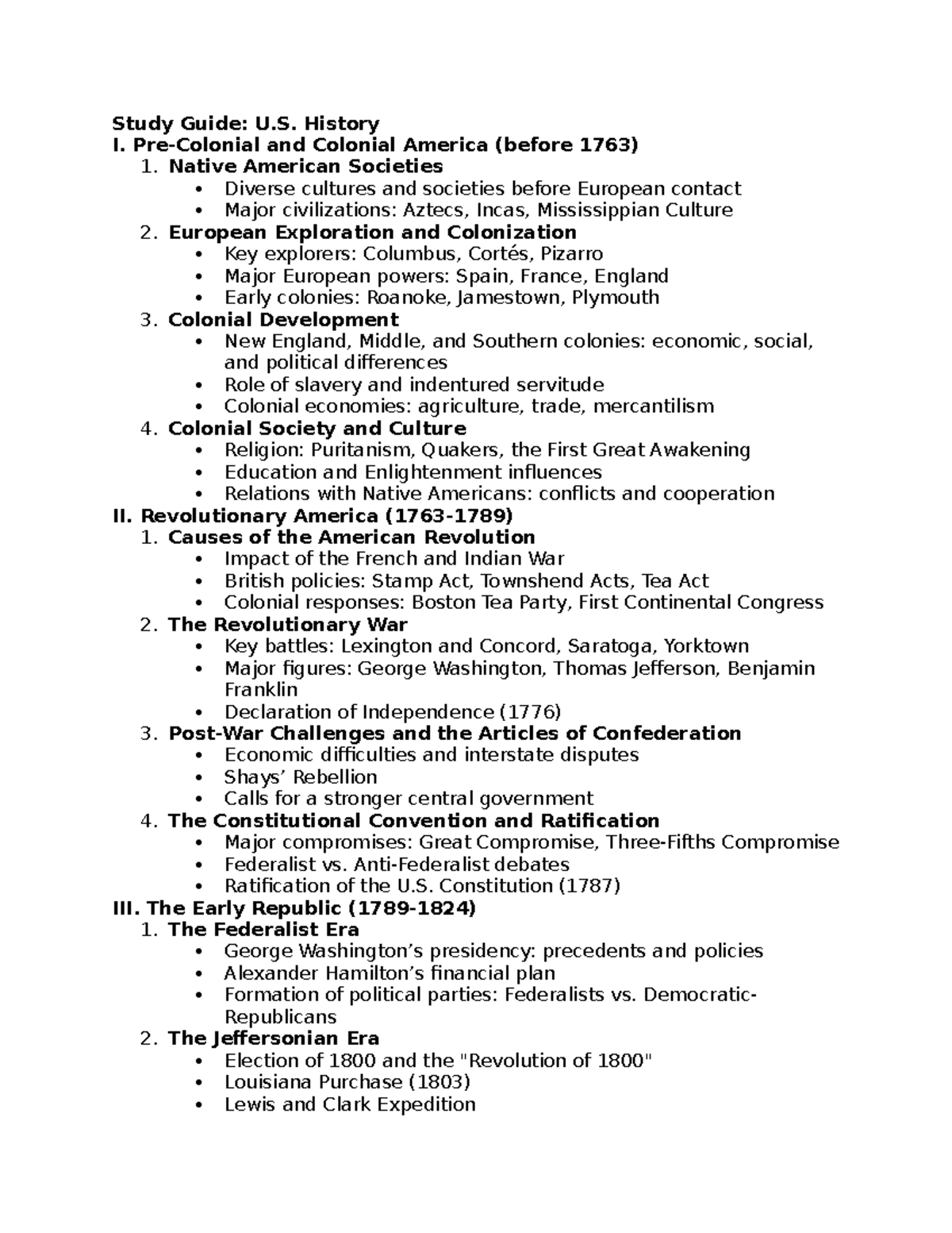 The Summary of US History - Study Guide: U. History I. Pre-Colonial and ...