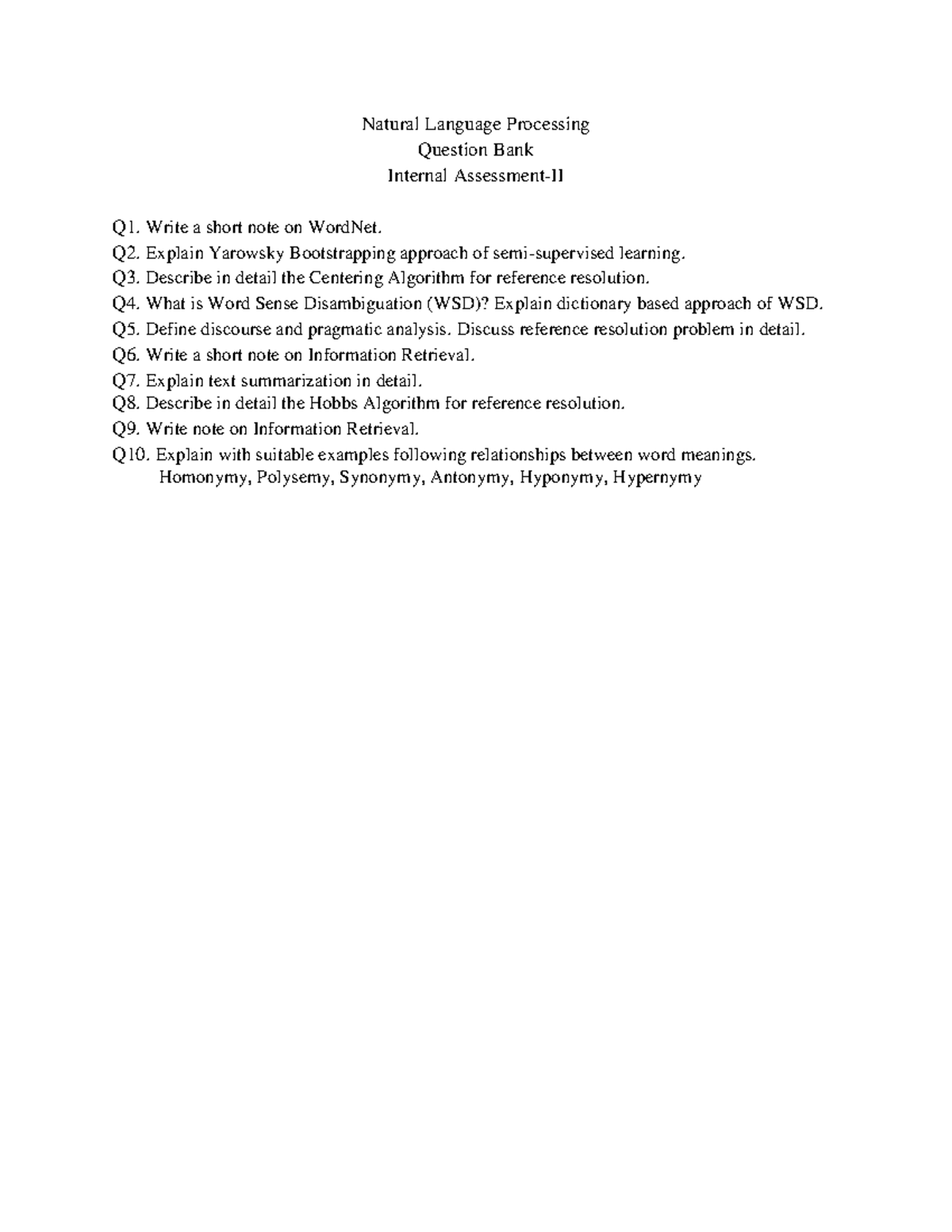 NLP- Quest bank (IA-2) - Natural Language Processing Question Bank ...