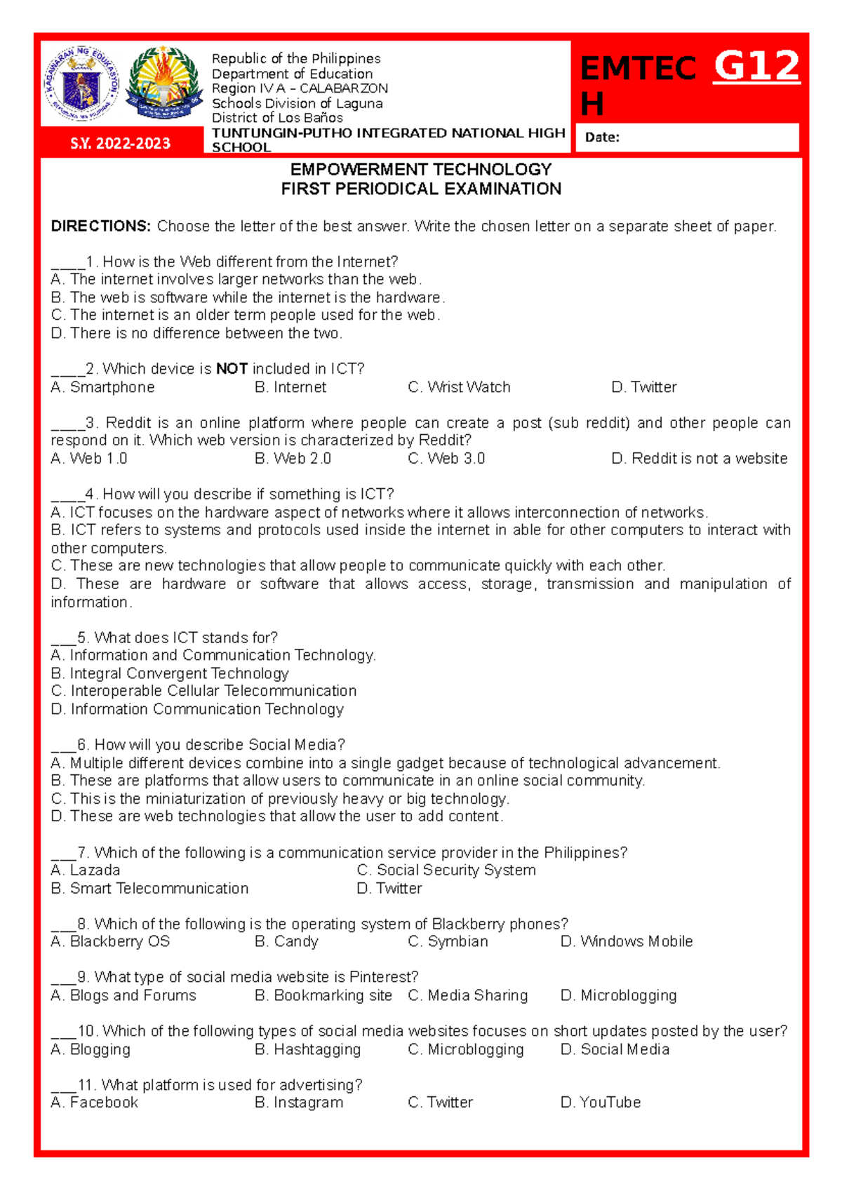 Q1-Exam- Emtech - for your acads - EMPOWERMENT TECHNOLOGY FIRST ...