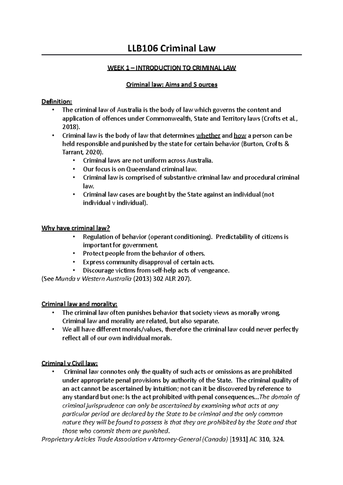 LLB106 Criminal Law Notes - LLB106 Criminal Law WEEK 1 – INTRODUCTION ...