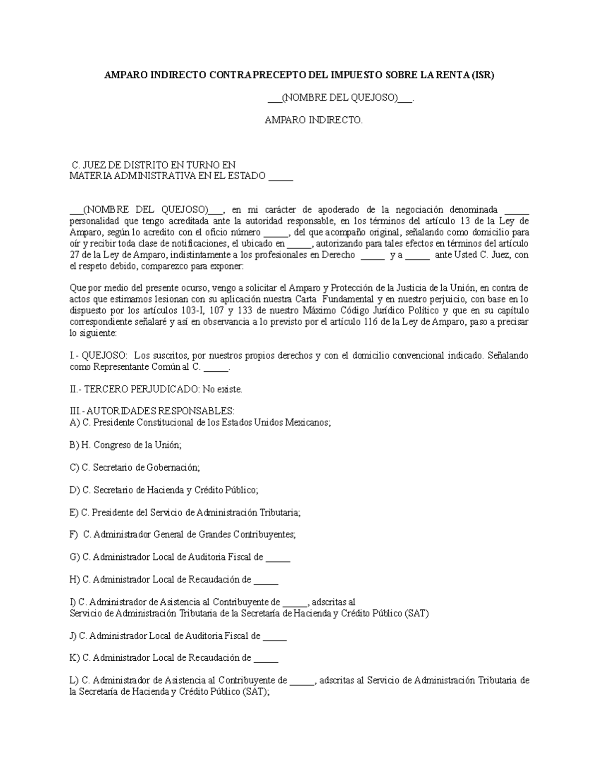 Amparo Indirecto Contra Precepto DEL Impuesto Sobre LA Renta - AMPARO ...