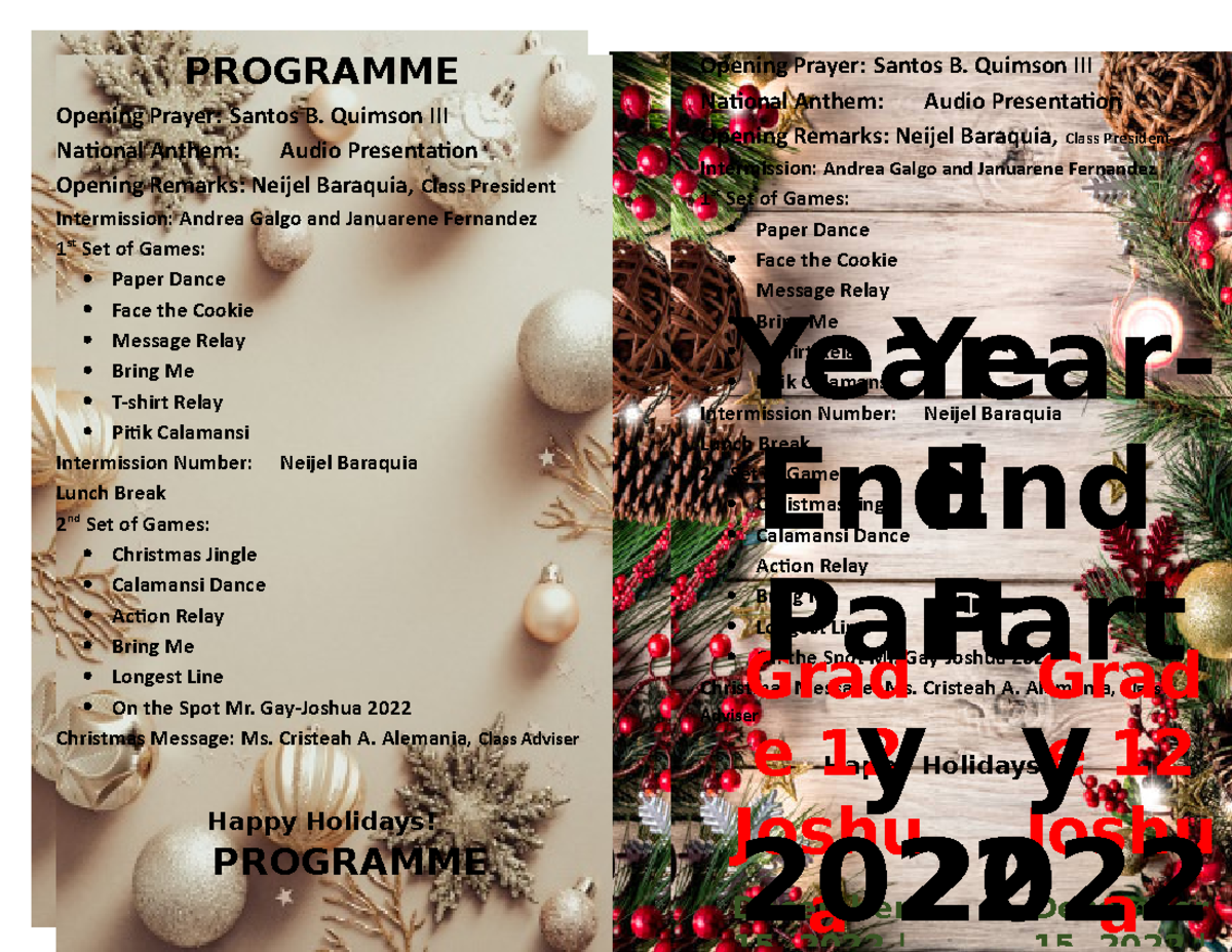 Year End Program 12 Joshua - PROGRAMME Opening Prayer: Santos B ...